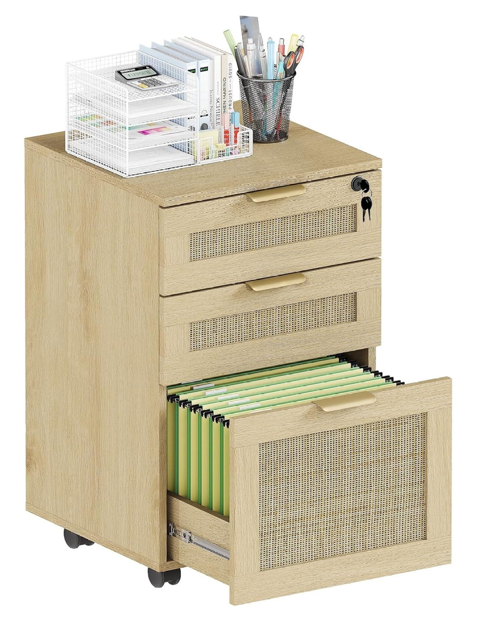 Rattan File Cabinet with Lock, 3 Drawer Rolling Filing Cabinet for Home ...