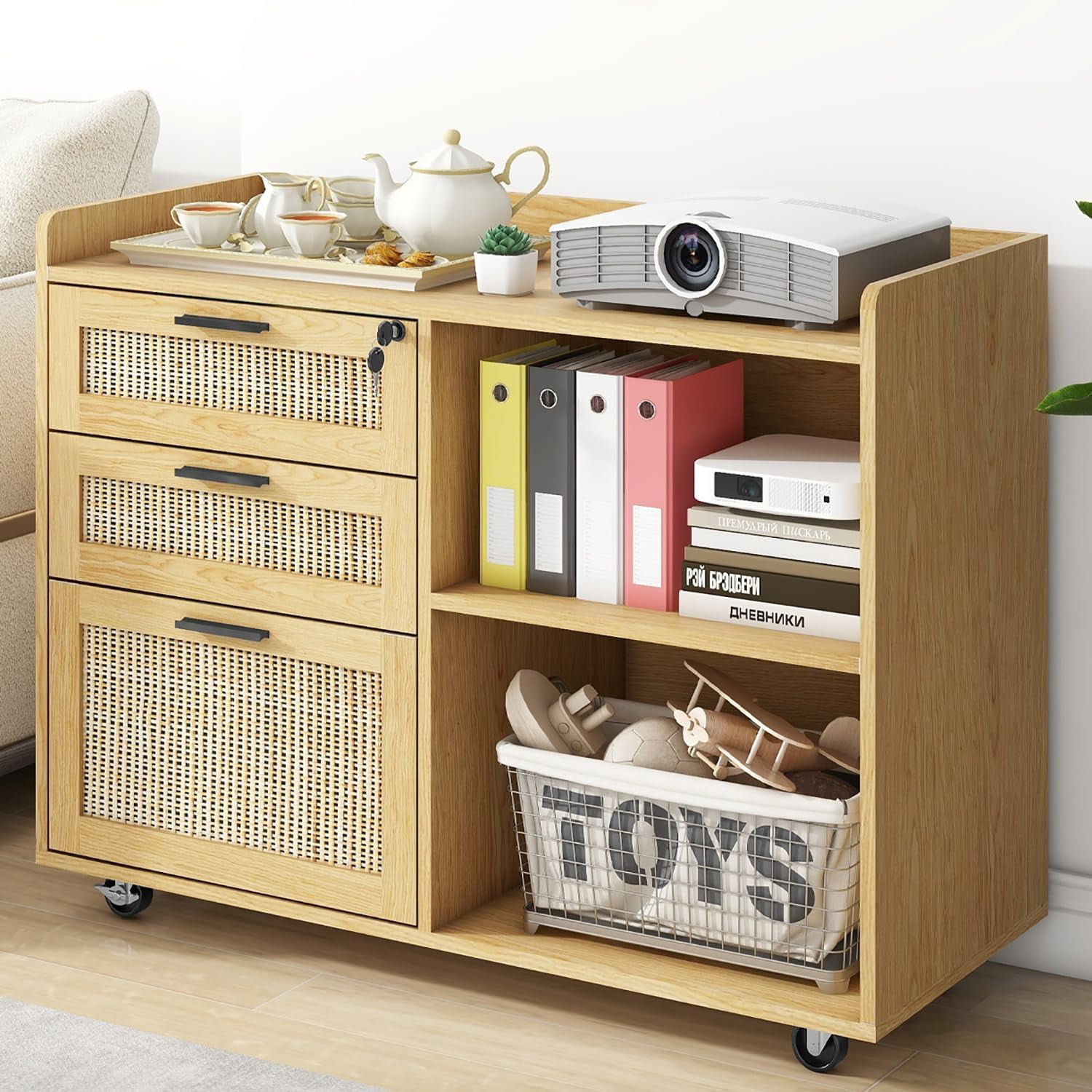 Rattan Filing Cabinet, 3 Drawers File Cabinet with Lock Large Storage ...