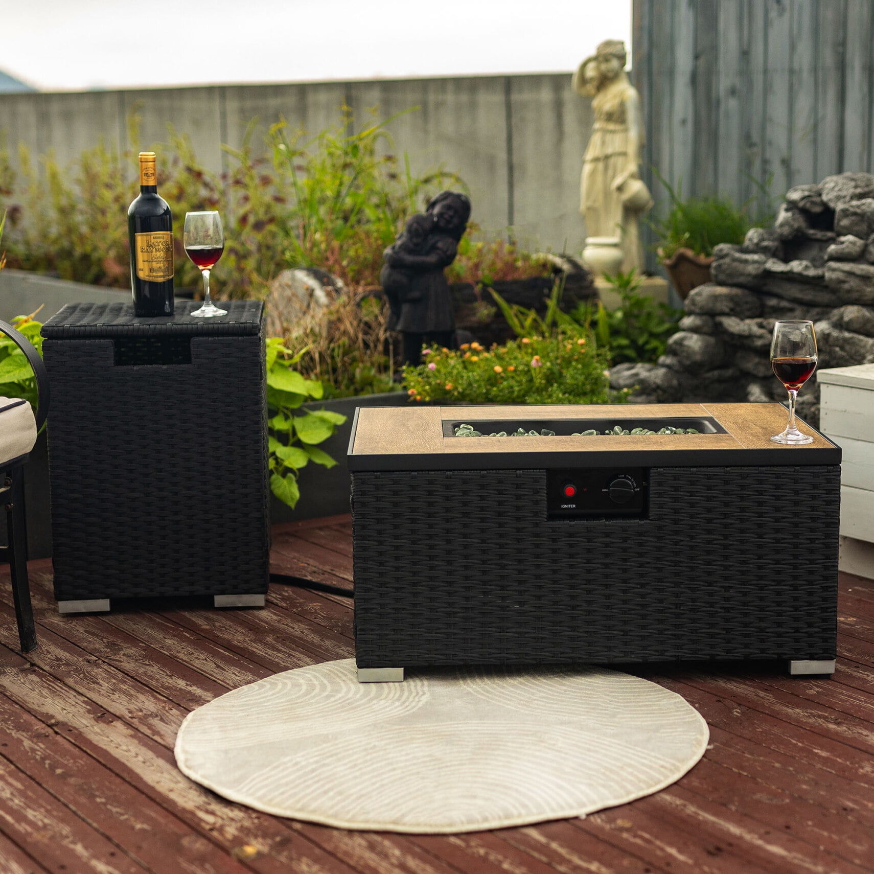 Rattan Fire Pit Table with Hidden Propane Tank Holder and Ceramic Tile ...