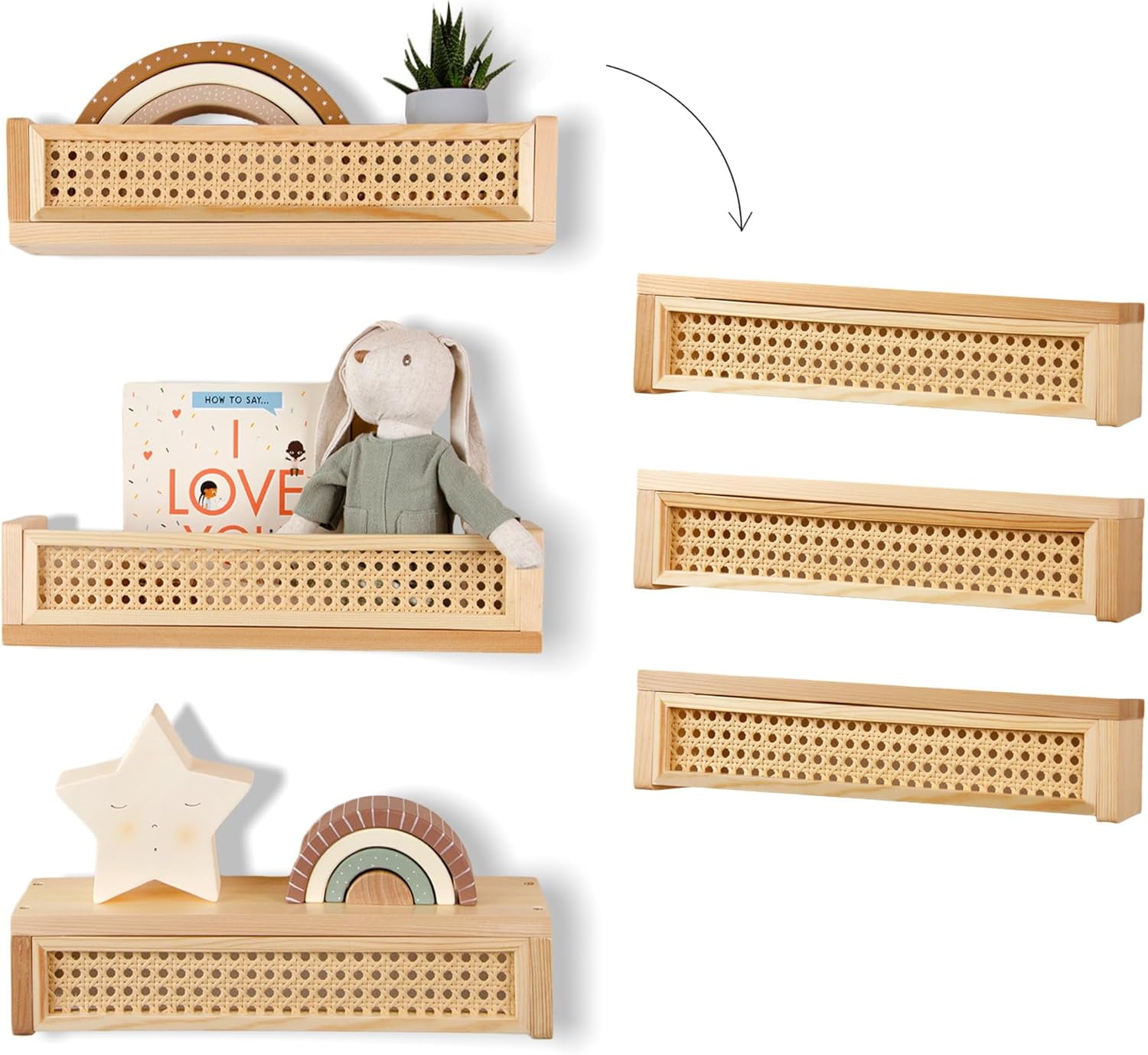 Rattan Floating Shelf Set of 3, Nursery Book Shelves for Wall Decor in ...