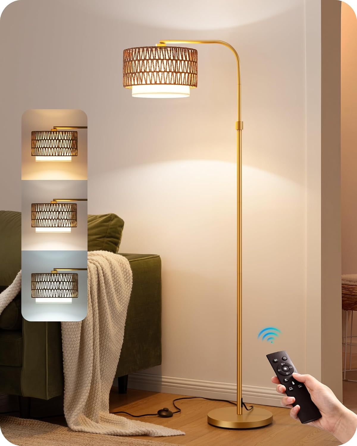 Rattan Floor Lamp for Living Room with Remote and Dimmable LED Bulb, 63 ...
