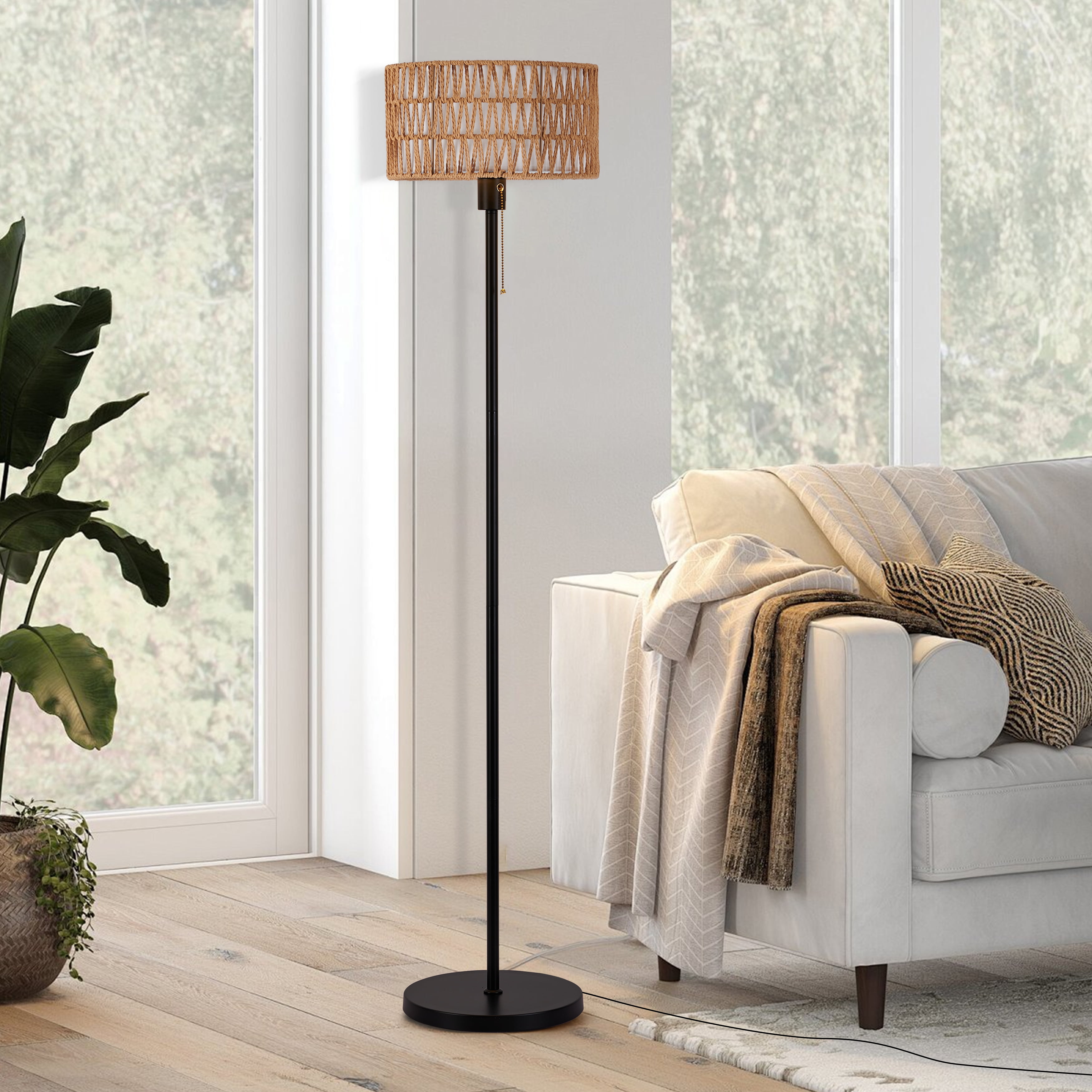 Netin Boho Rattan Floor Lamp, Black Metal, Double Shades, Farmhouse ...