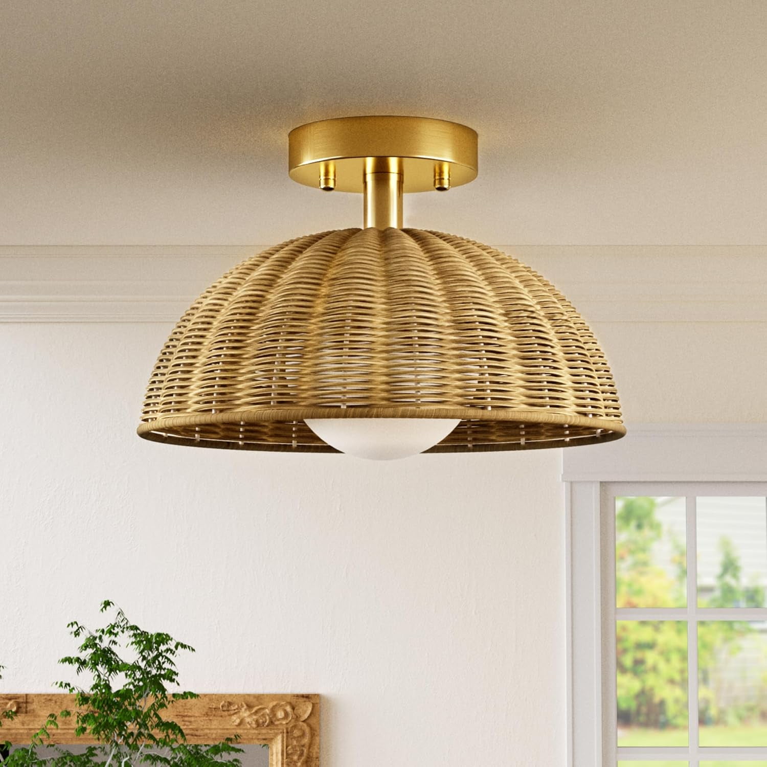Rattan Flush Mount Ceiling Light, 12"x9.2", Adorable Boho Light Fixture ...