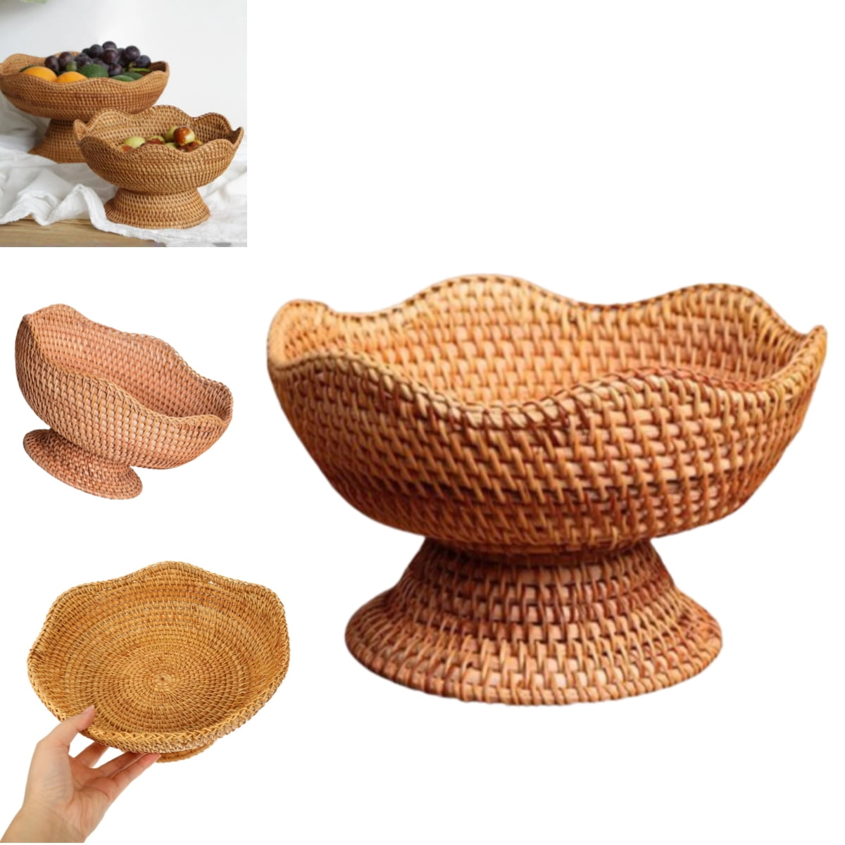 Rattan Fruit Bowl, Small Round Wicker Basket, Natural Pedestal Bowl for ...