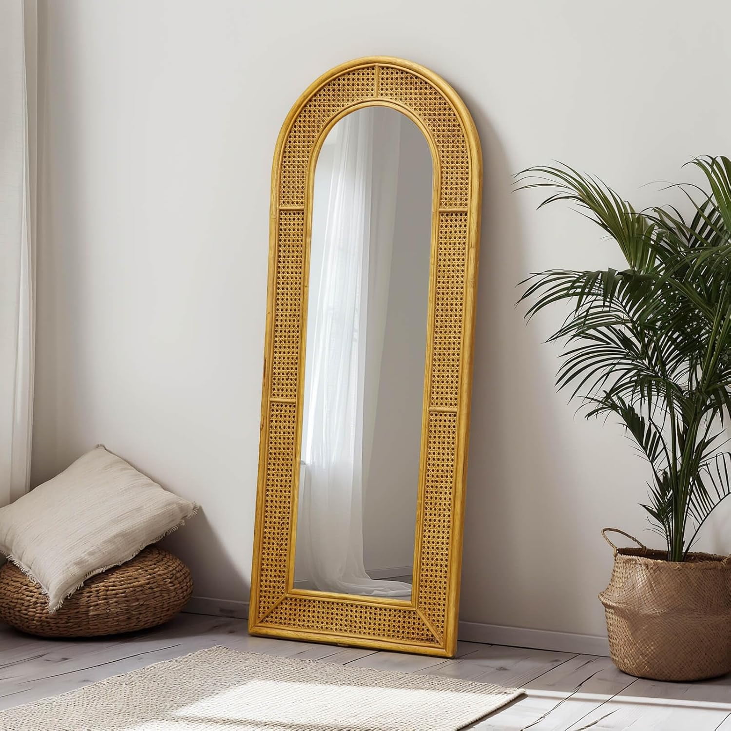 Rattan Full Length Mirror, 60''x24'' Arched Floor Mirror, Rattan Frame ...