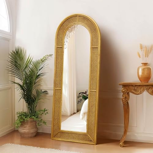 Rattan Full Length Mirror, 60''x24'' Arched Floor Mirror, Rattan Frame ...