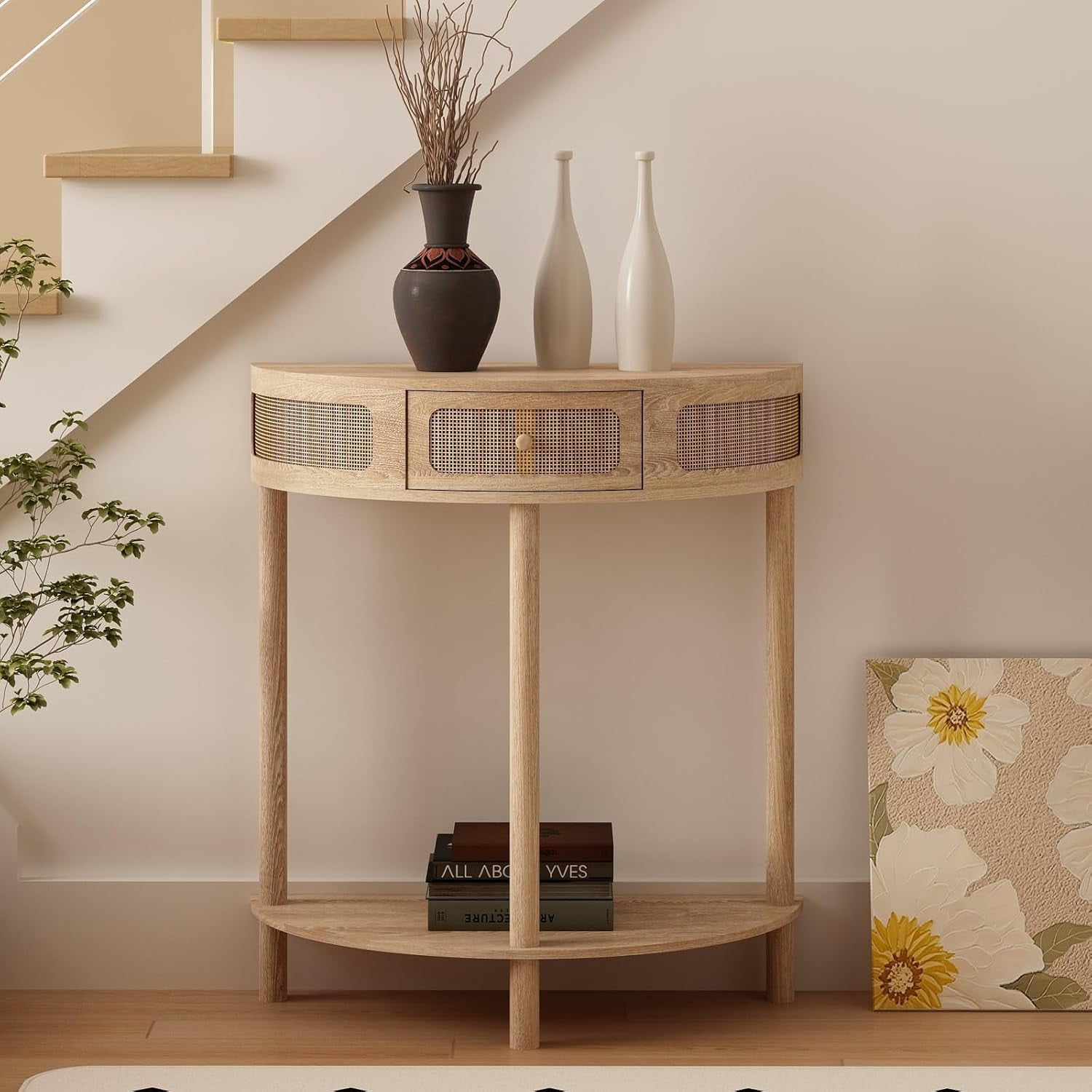 Rattan Half Moon Console Table, Modern Entryway Table with Drawer, Boho ...