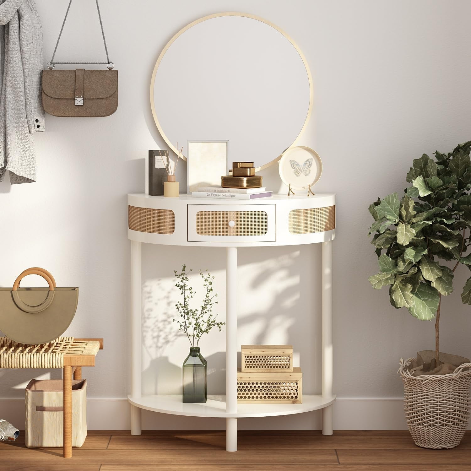 Rattan Half Moon Console Table-Modern Small Entryway Table with Rattan ...