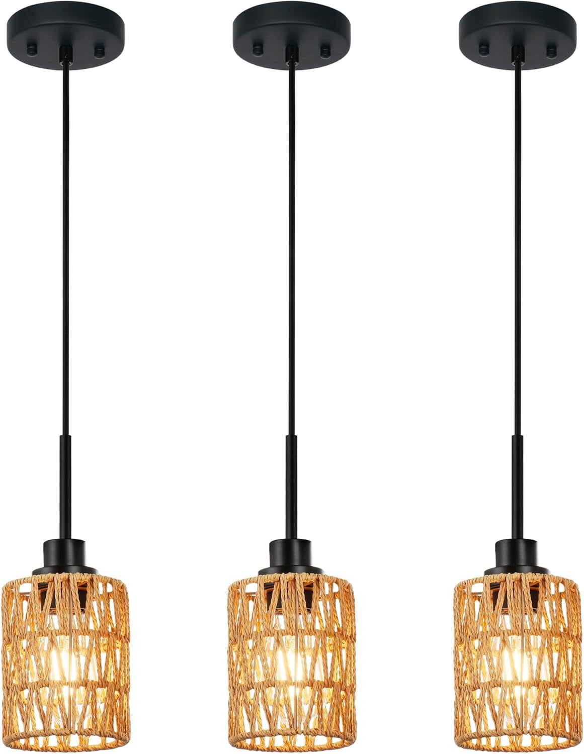 Rattan Kitchen Island Pendant Lighting Black 3 Pack Boho Style Rattan ...