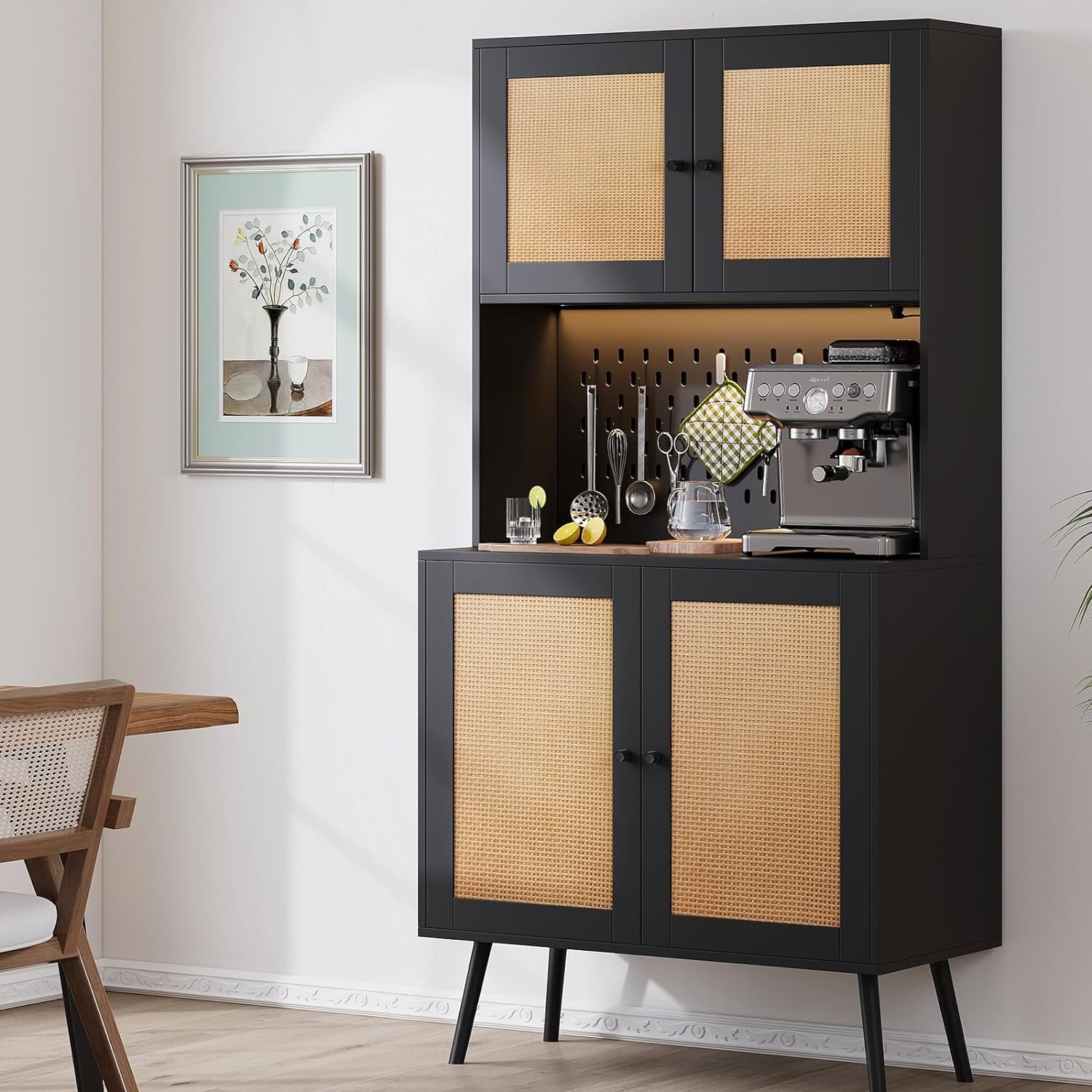 Rattan Kitchen Pantry Storage Cabinet with Power Outlets, LED Lights ...