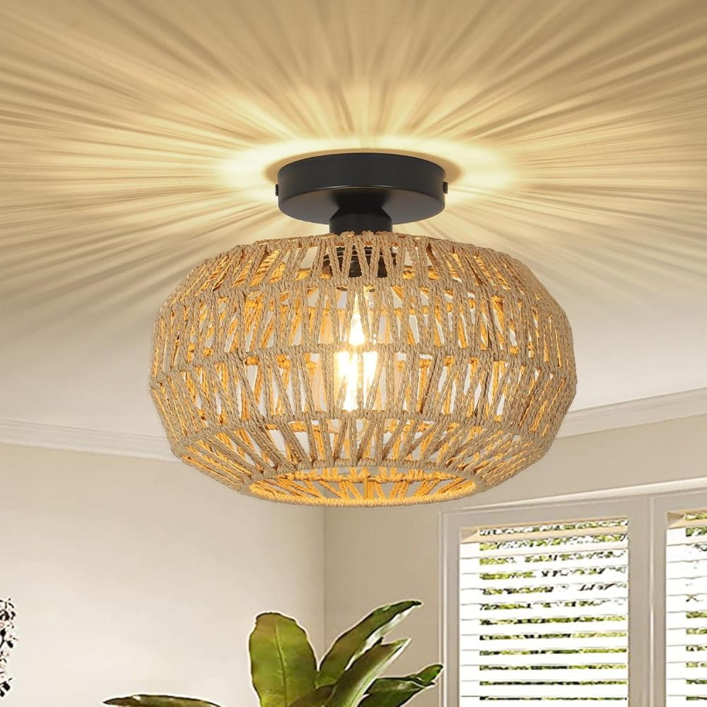 Rattan Light Fixtures Ceiling Mount,Boho Ceiling Light Fixture with ...
