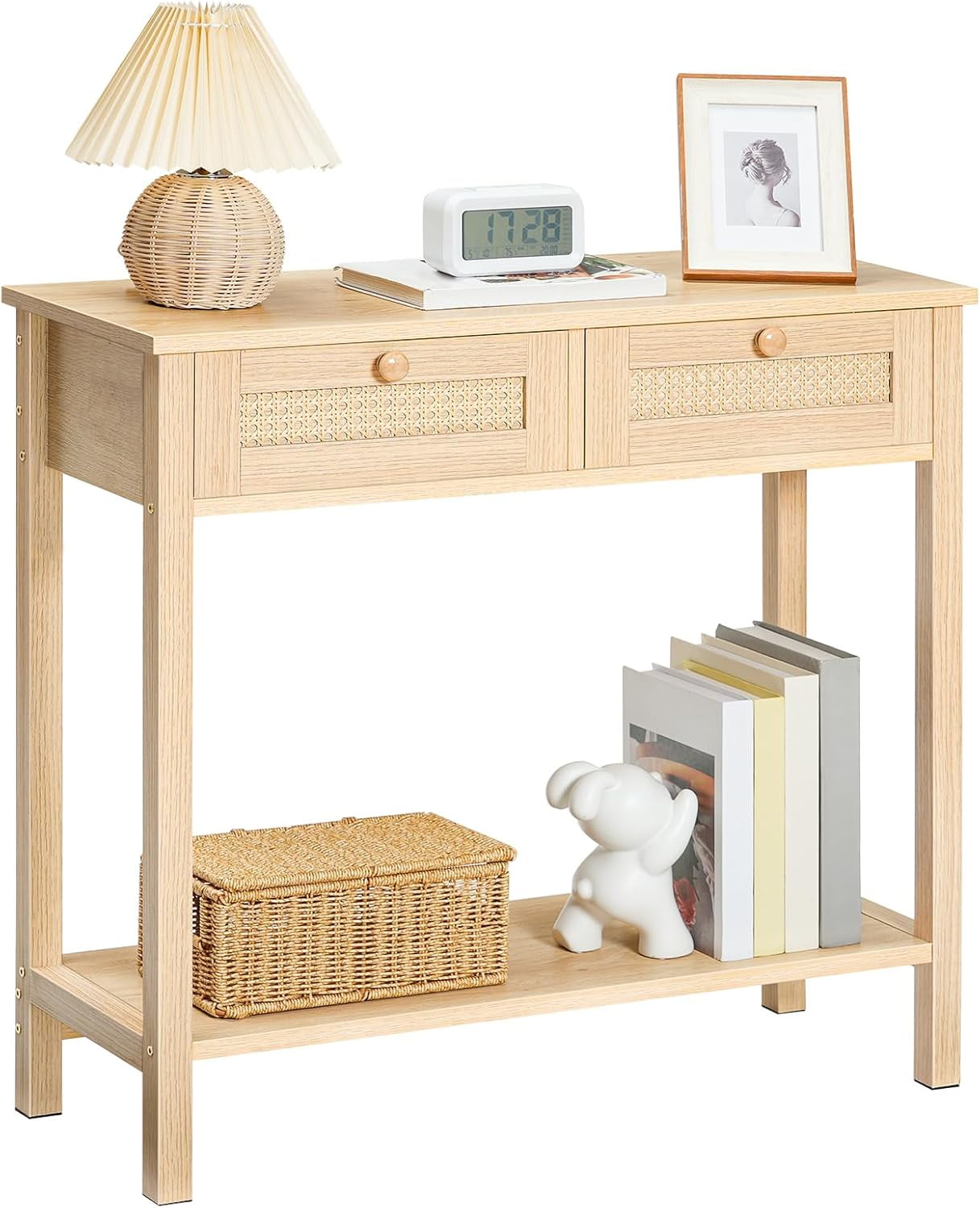 Rattan-Like Narrow Console Table with 2 Drawers, 31.5-Inch Sofa Table ...