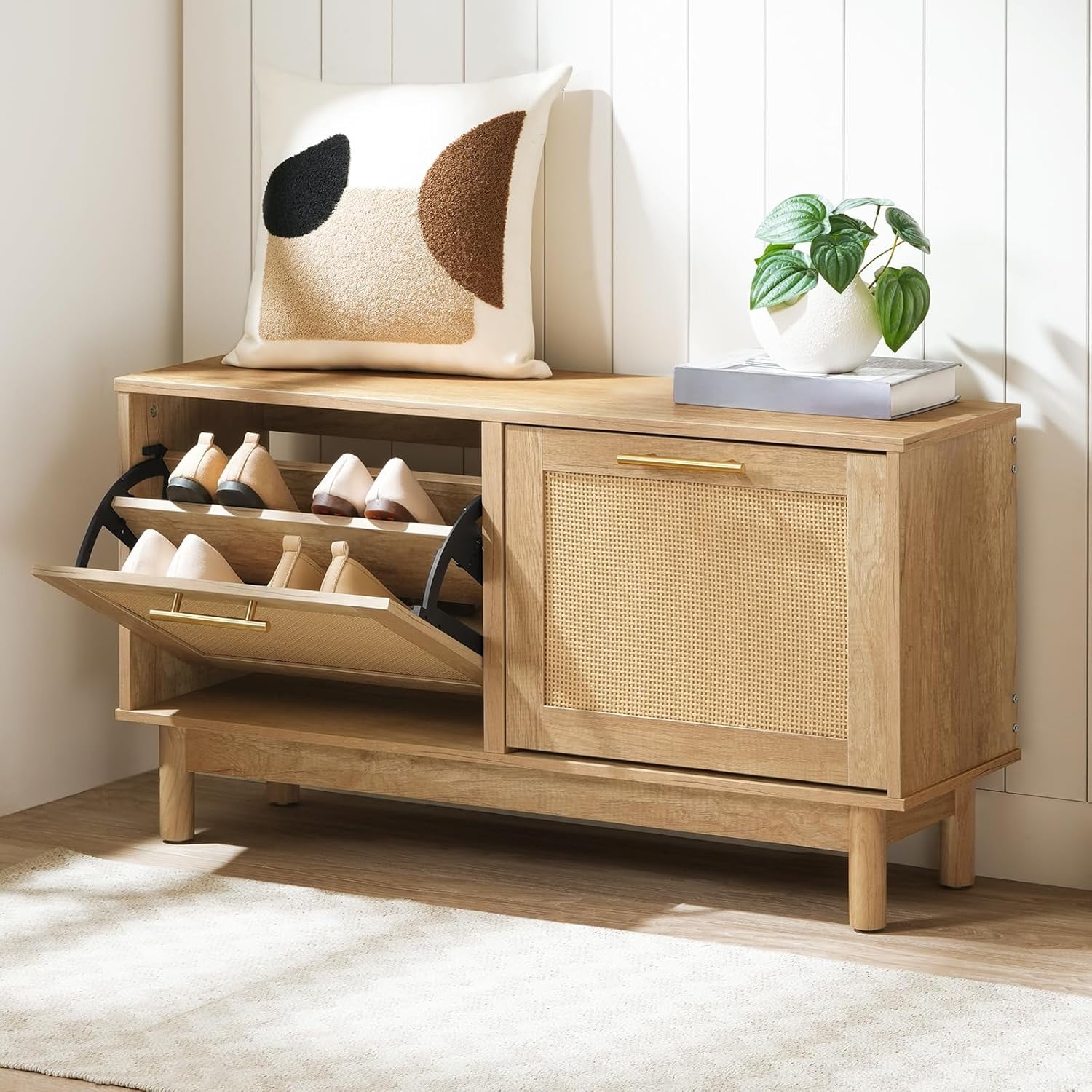Rattan-Like Shoe Bench, Entryway Bench with Storage, Shoe Rack Bench, 2 ...