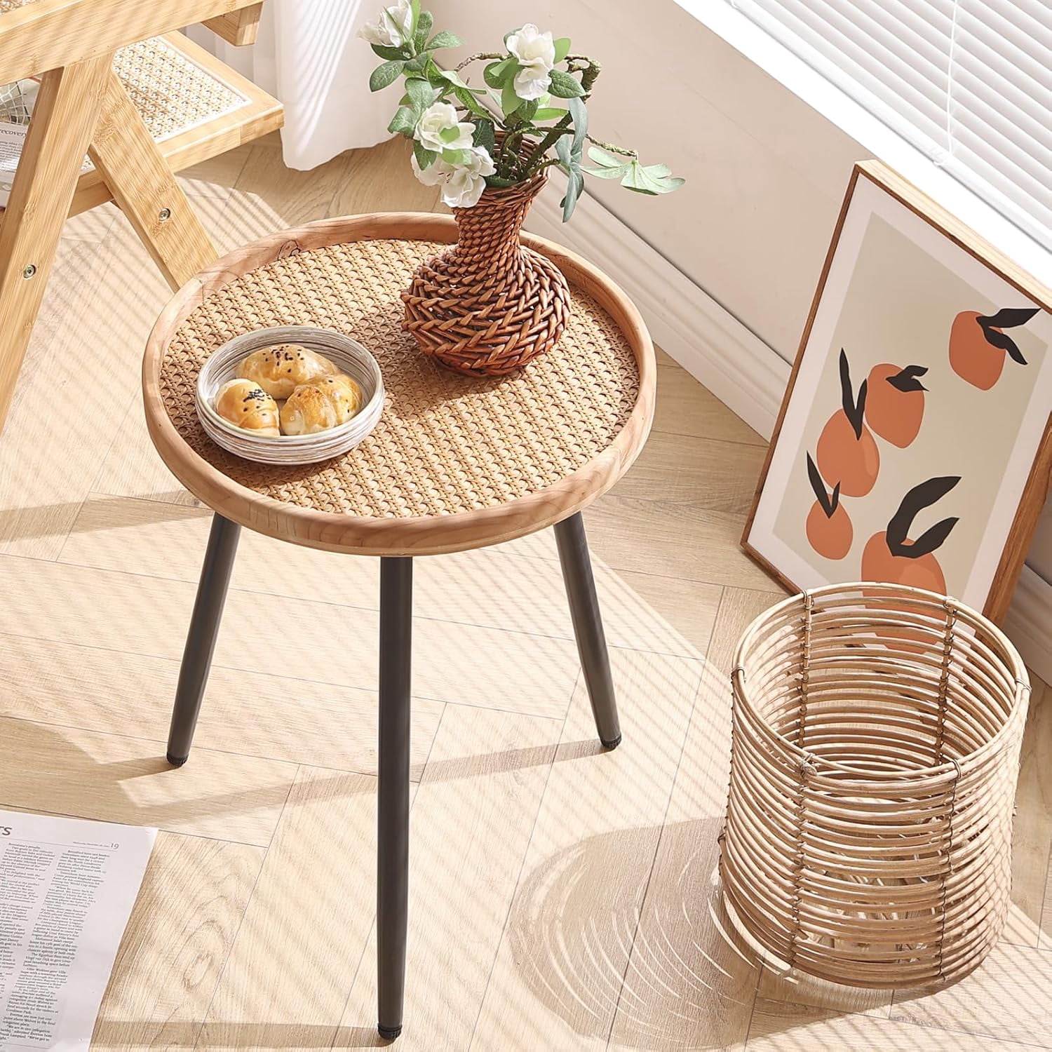 Rattan Log Desktop Round Side End Table, Nightstand/Small Tables ...