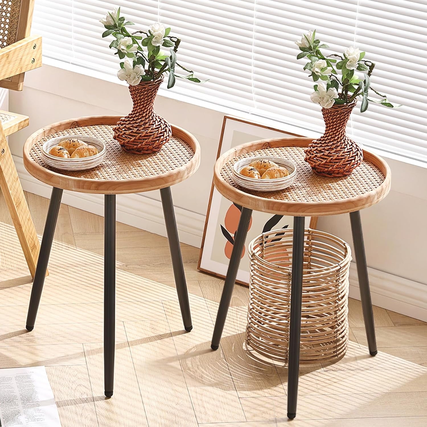 Rattan Log Desktop Round Side End Table, Nightstand/Small Tables ...