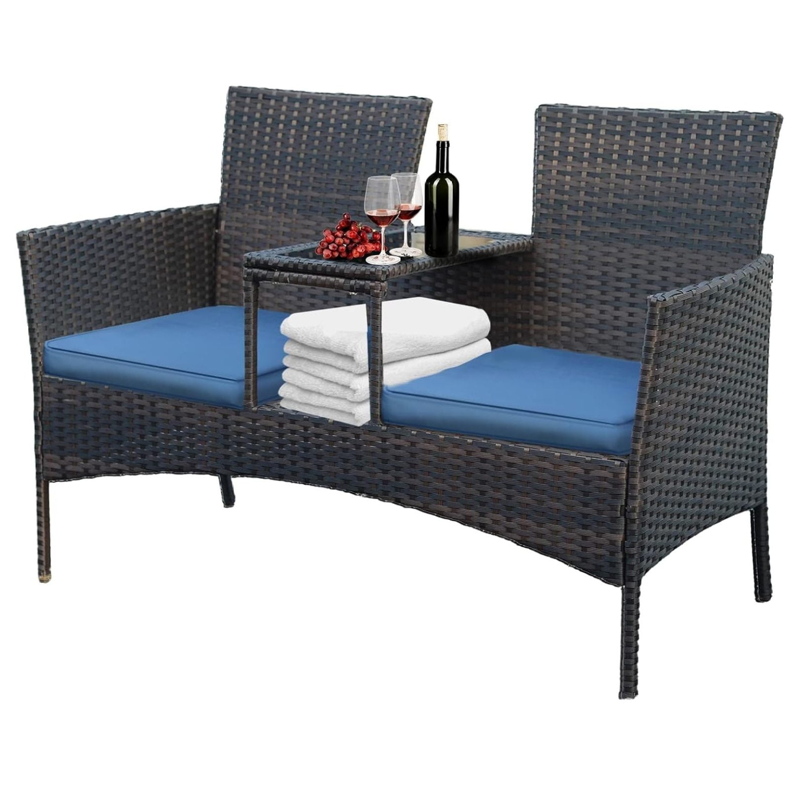 Rattan Loveseat Patio Set - 2-Seater Wicker Sofa with Coffee Table ...