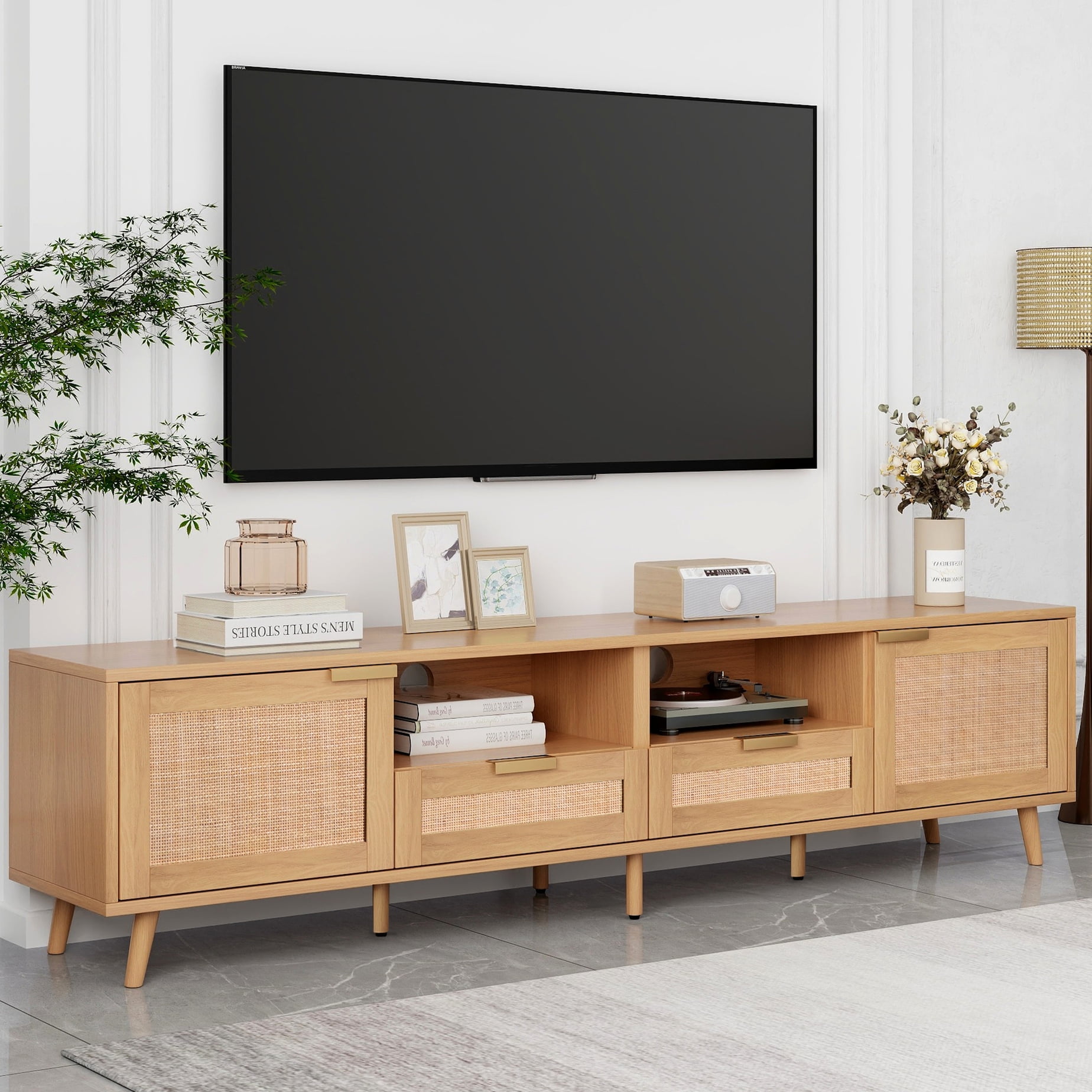 Rattan Media Cabinet / High - quality MDF board, solid wood feet, cable ...