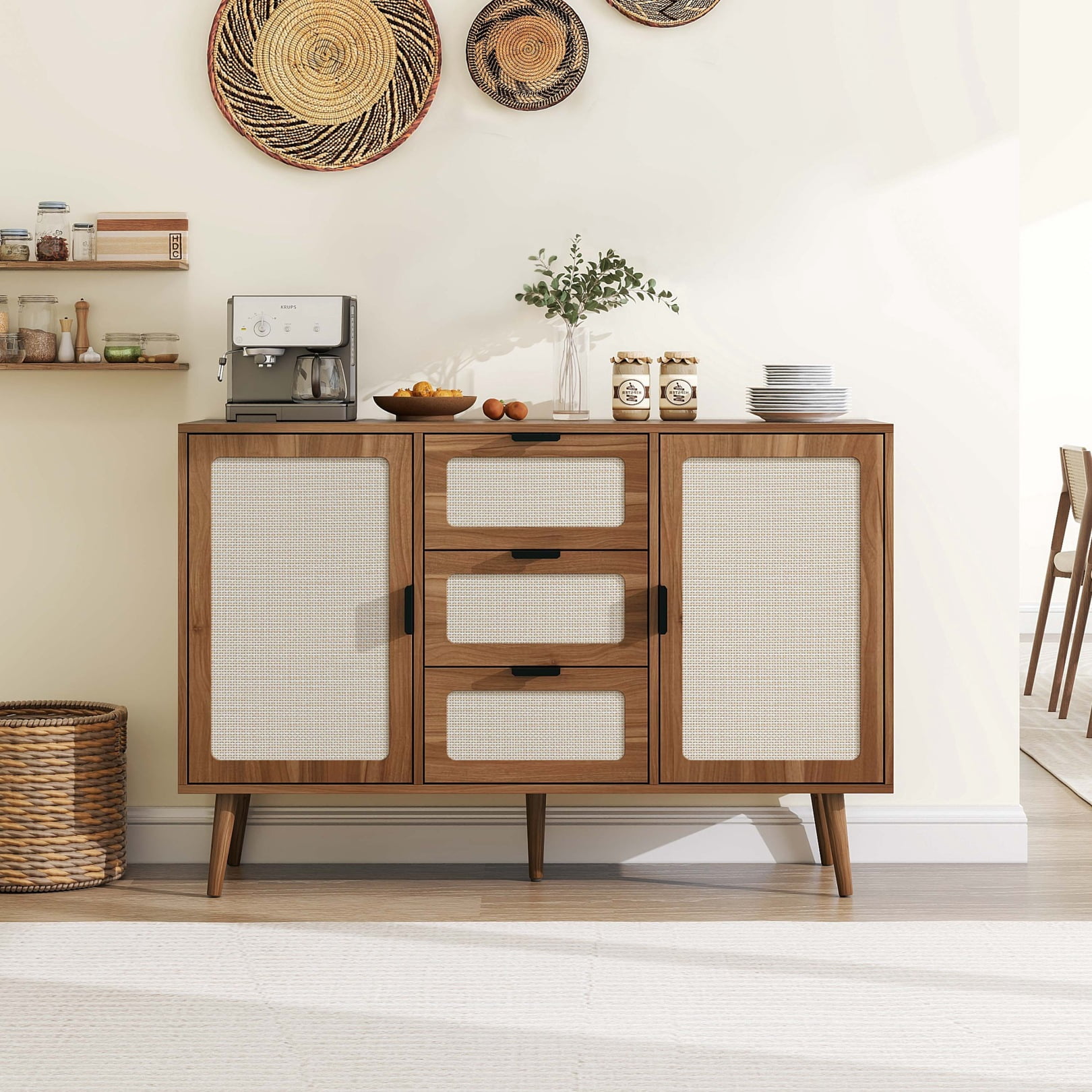 Rattan Melamine Veneer Process Buffet Cabinet with 2 Doors 3 Drawers ...