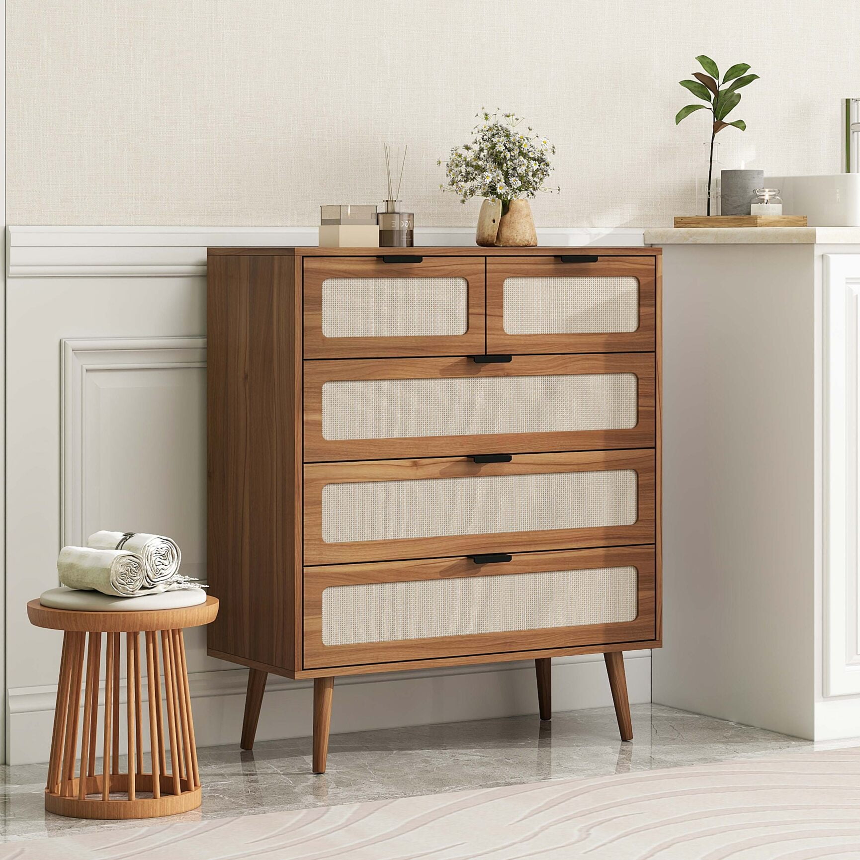 Rattan Melamine Veneer Process Buffet Cabinet with 5 Drawers, Accent ...