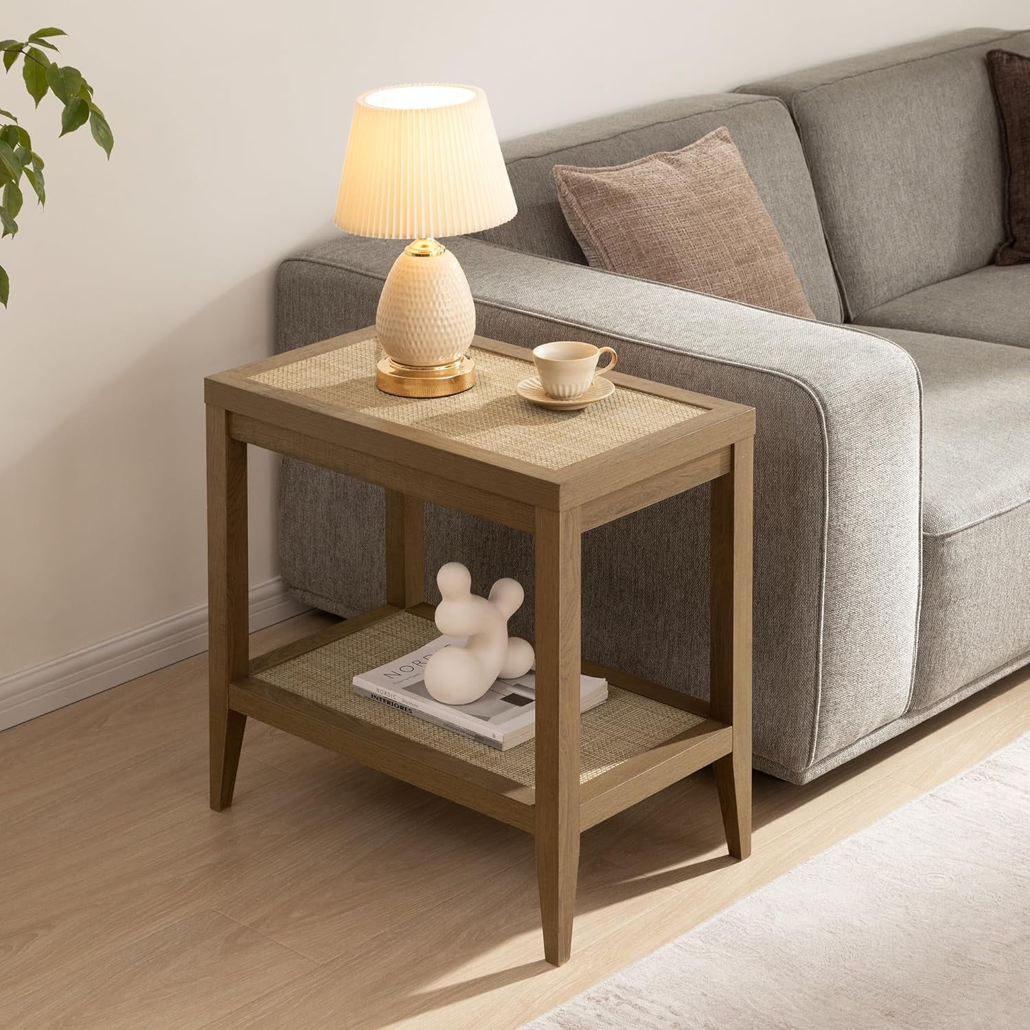 Rattan Night Stand Bedside Table - Farmhouse Boho Narrow End Table for ...