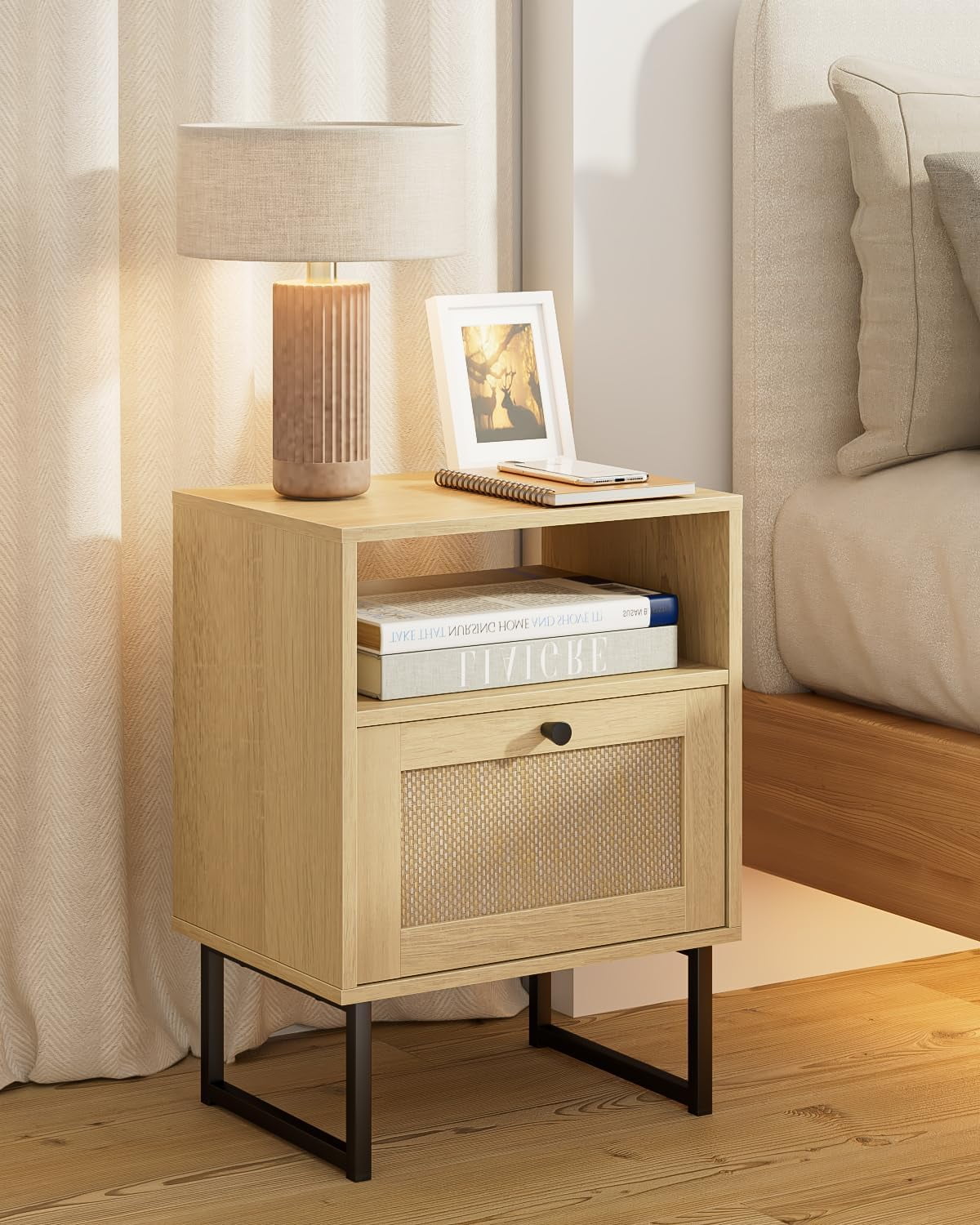 Rattan Night Stand, Modern Boho Nightstand with Storage Drawer, Wood ...