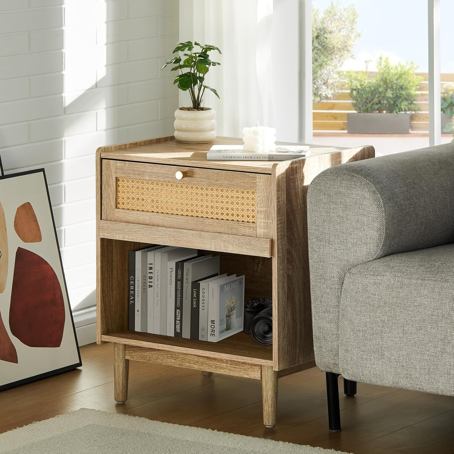 Rattan Night Stand, Modern Nightstand with Rattan Drawer, Upturned & Slide Cabinet Door, Solid ...