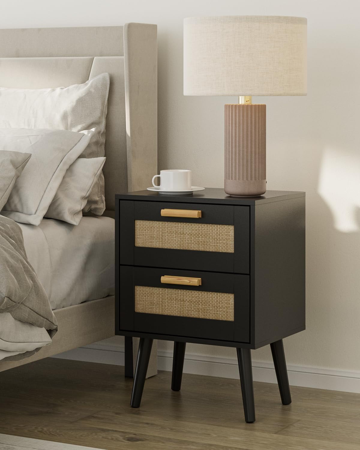 Rattan Night Stand, Modern nightstand Boho Bedside Table with 2 Drawer ...