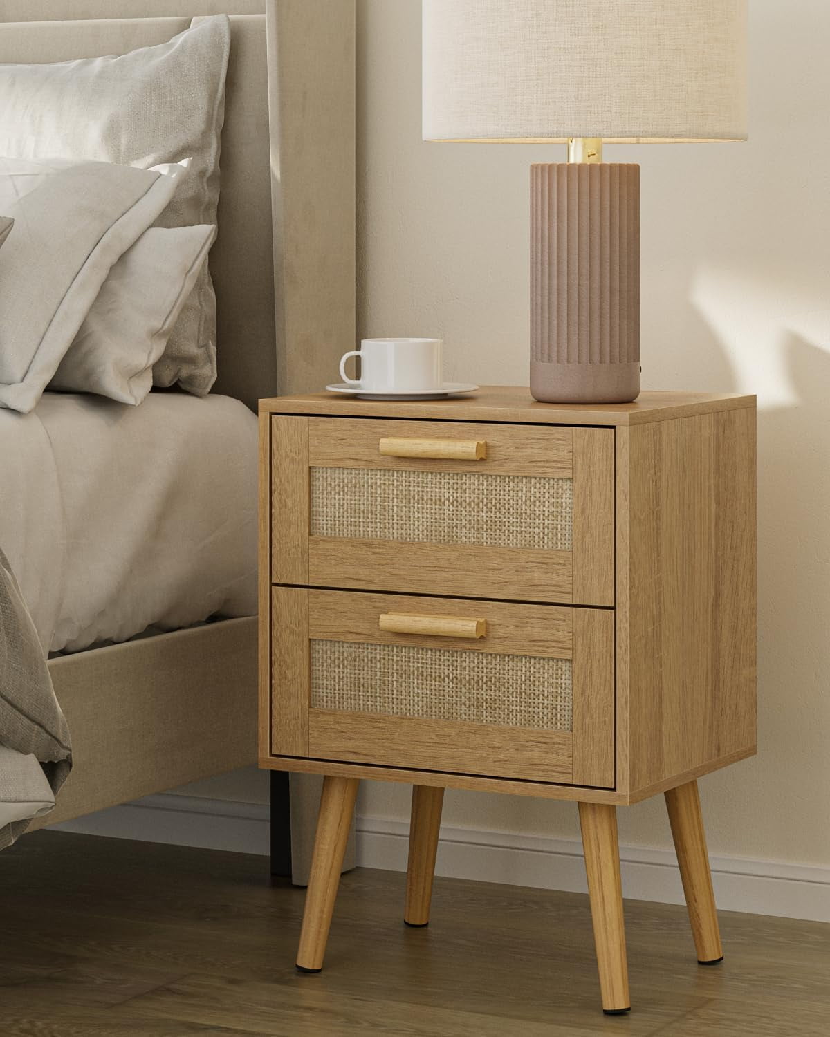 Rattan Night Stand,Modern nightstand Boho Bedside Table with 2 Drawer ...
