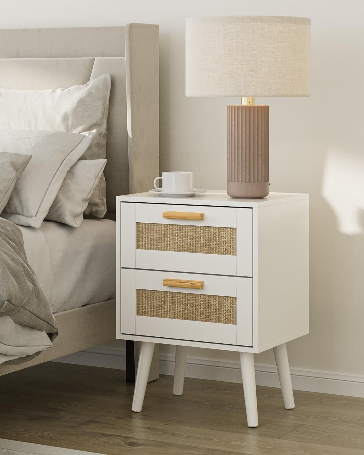 Rattan Night Stand, Modern nightstand Boho Bedside Table with 2 Drawer ...