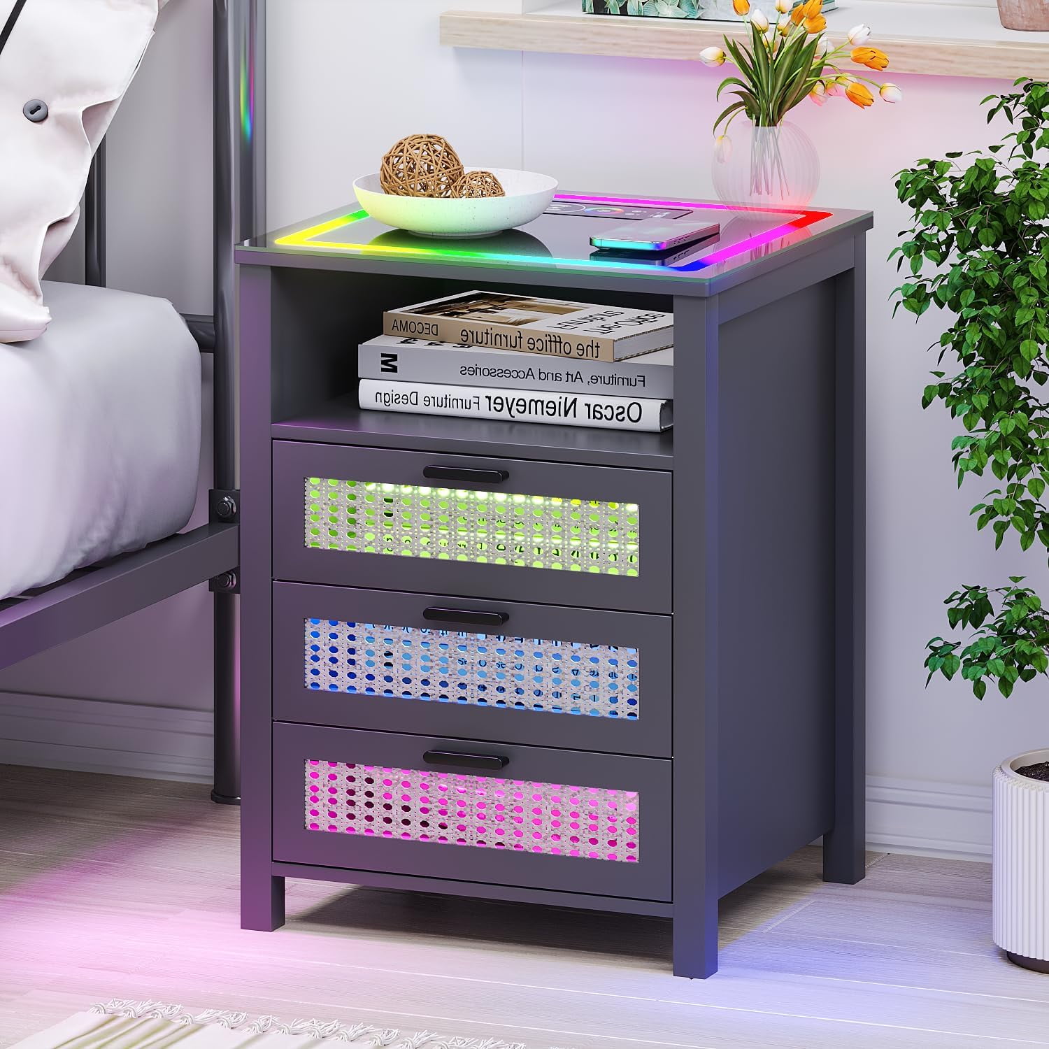 Rattan Night Stand with Wireless Charging Station,End Table with Human ...