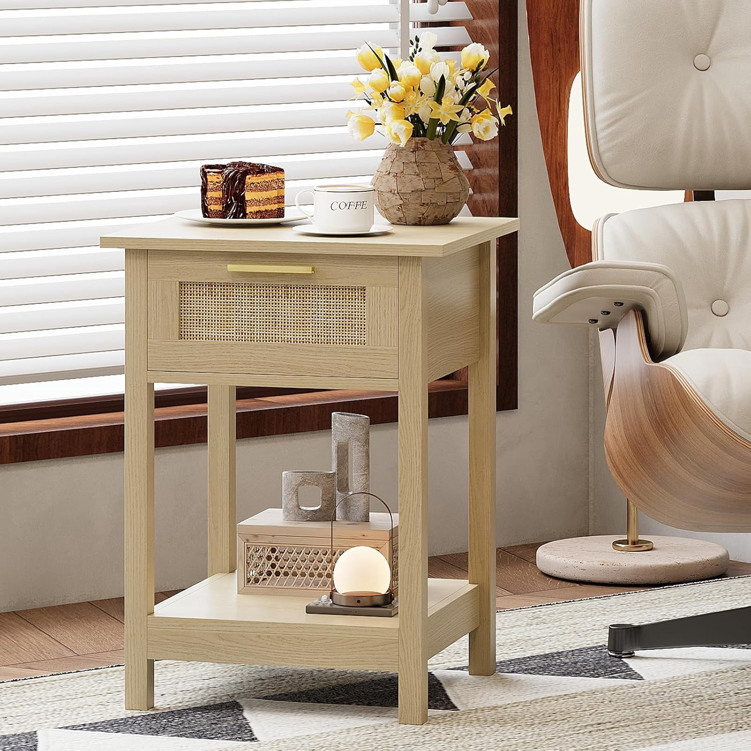 Rattan Night Stands Boho End Table with Storage Drawer and Opening ...