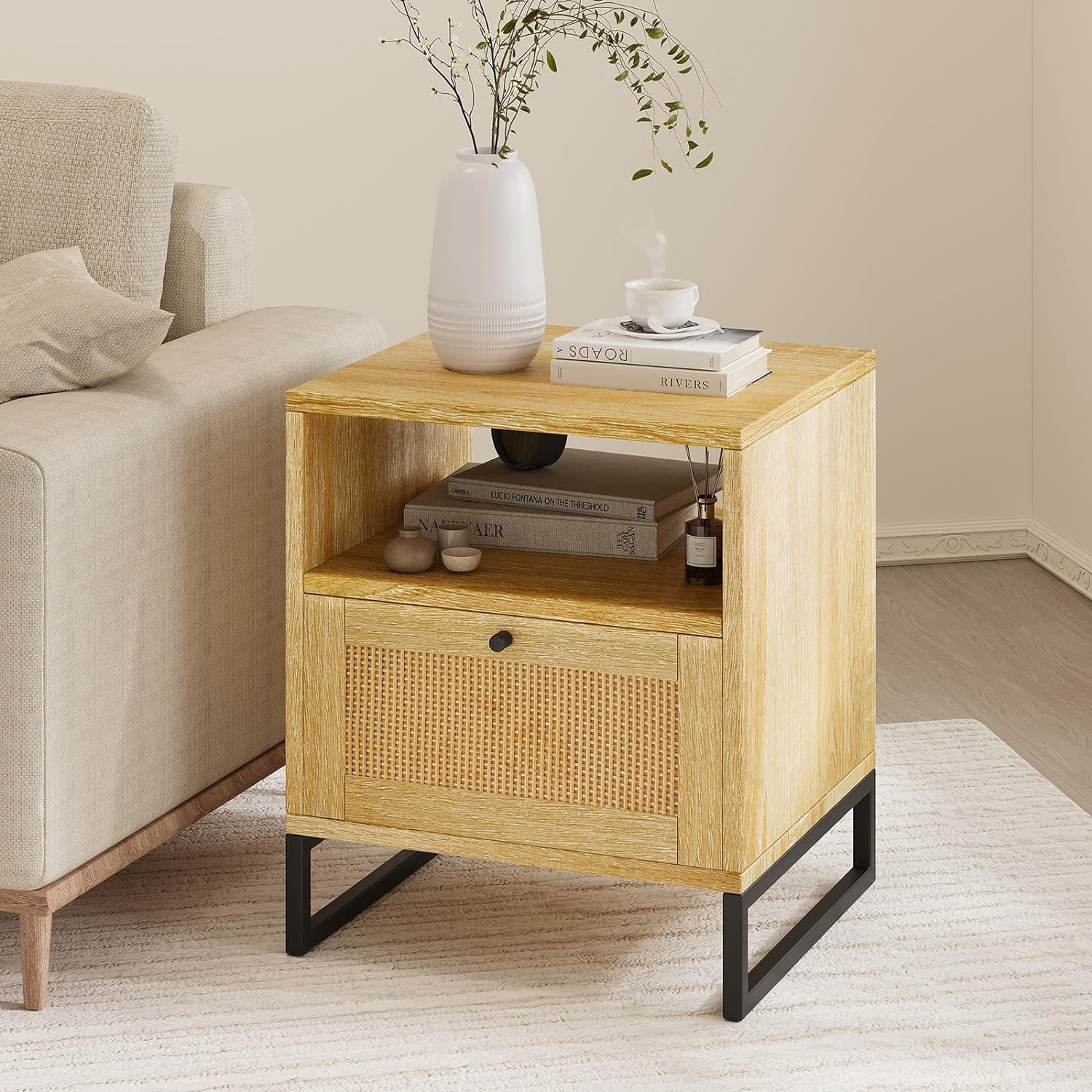 Rattan Nightstand with 1 Drawer and Open Space, Wood Nightstands with ...