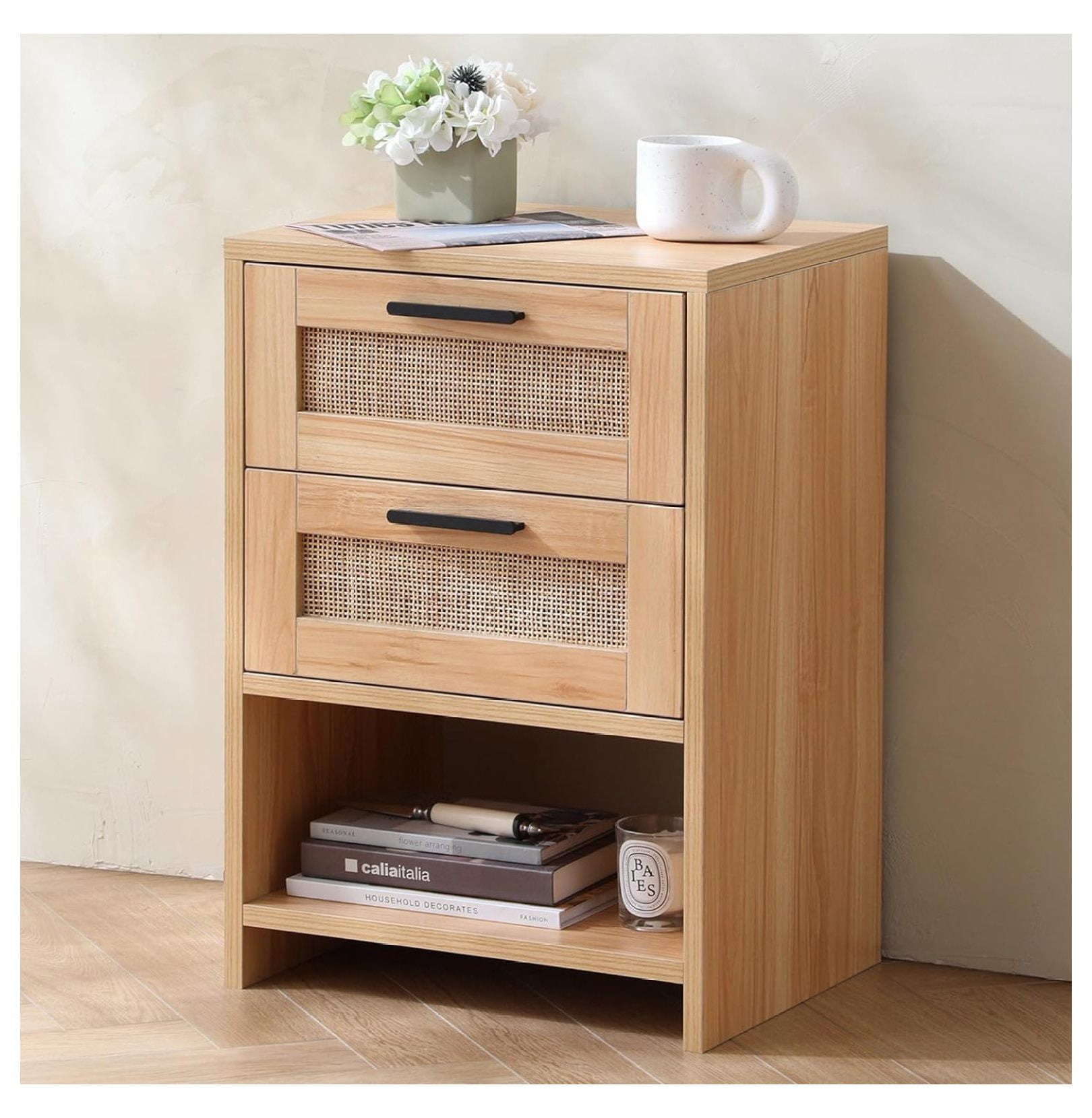 Rattan Nightstand with 2 Spacious Drawers & Open Shelf, Natural & Warm ...