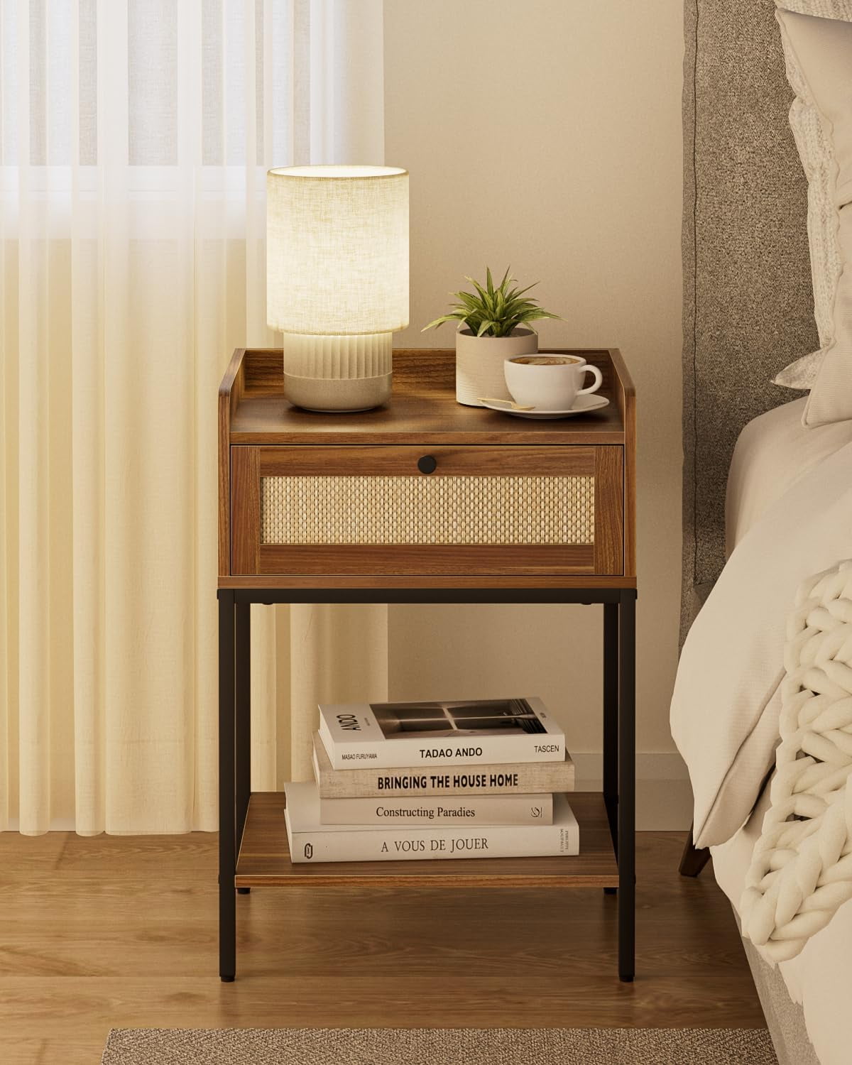 Rattan Nightstand,3-Tier Modern Bedside Night Stand with Storage Drawer ...