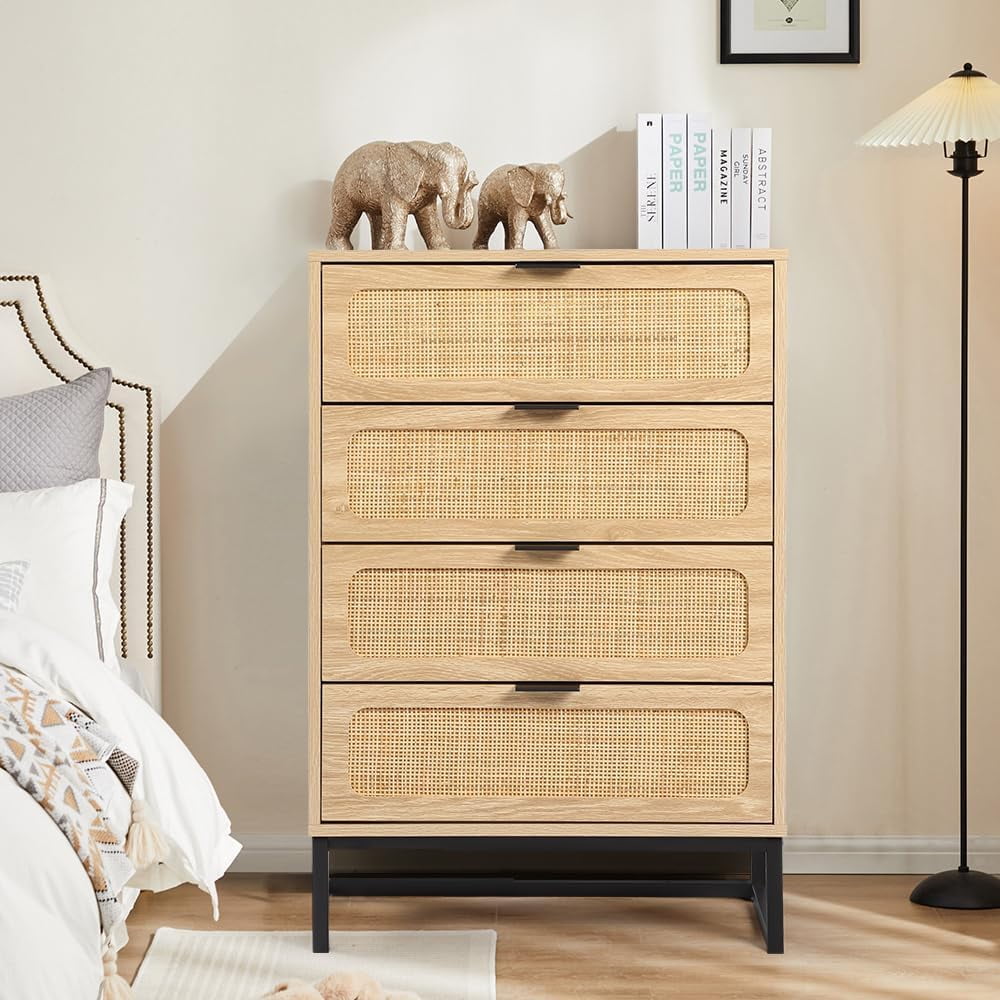 Rattan Nightstand with 4 Drawer, Bedside Tables Side Tables Bedroom ...