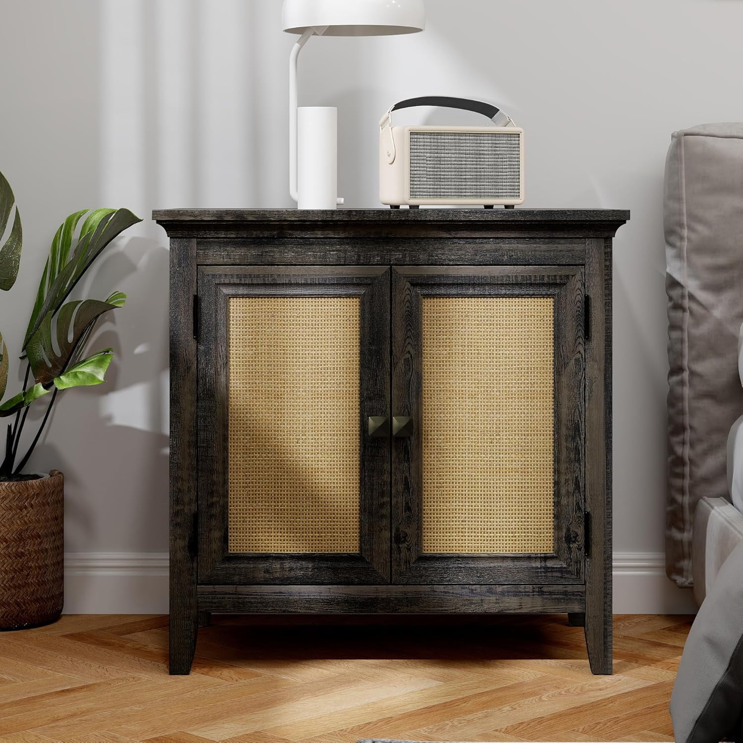 Rattan Nightstand Accent Boho Bedside Table with 2 Drawers and 2 ...