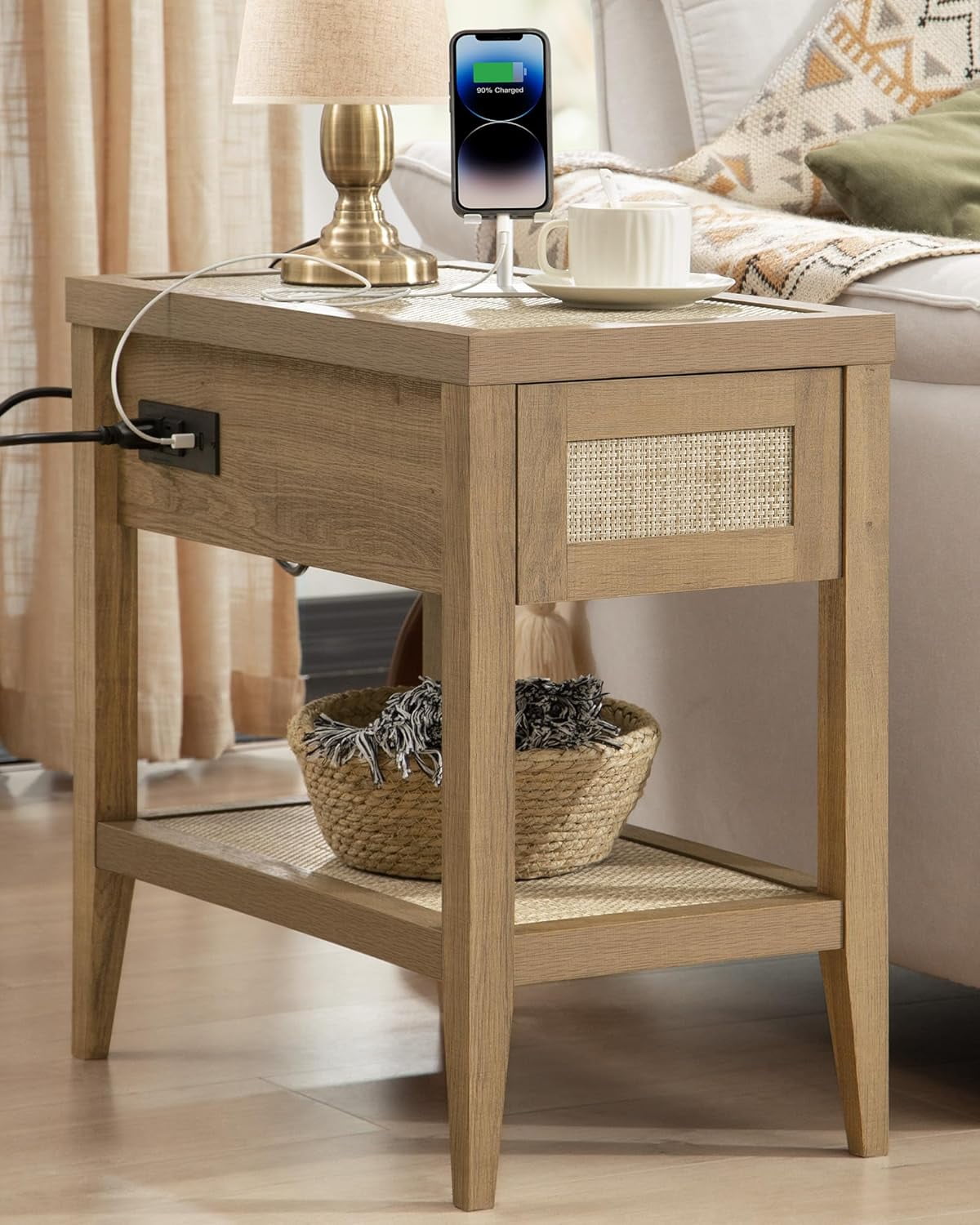 Rattan Nightstand Bedside Table - Boho Night Stand with Type-C Charging ...