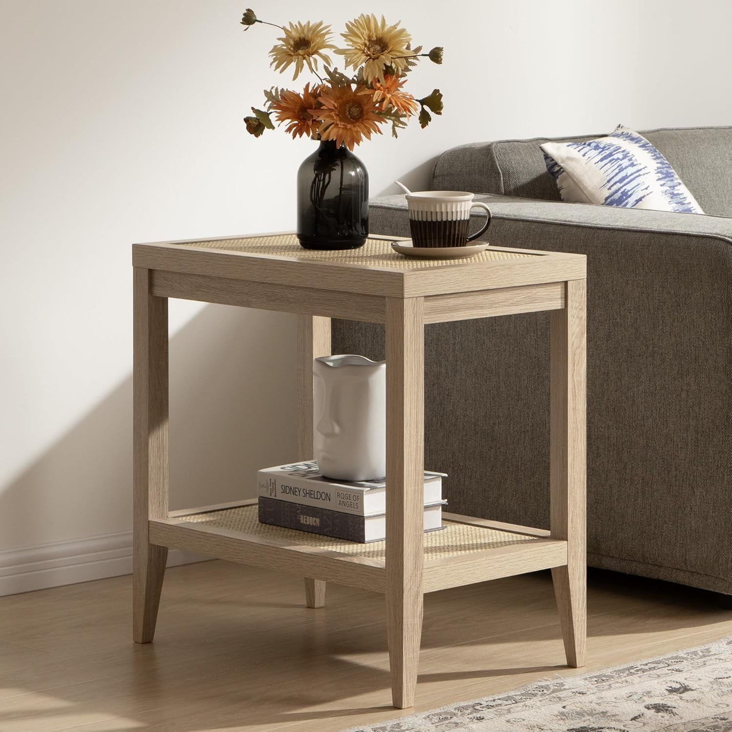 Rattan Nightstand Bedside Table - Farmhouse Boho Narrow Accent End ...