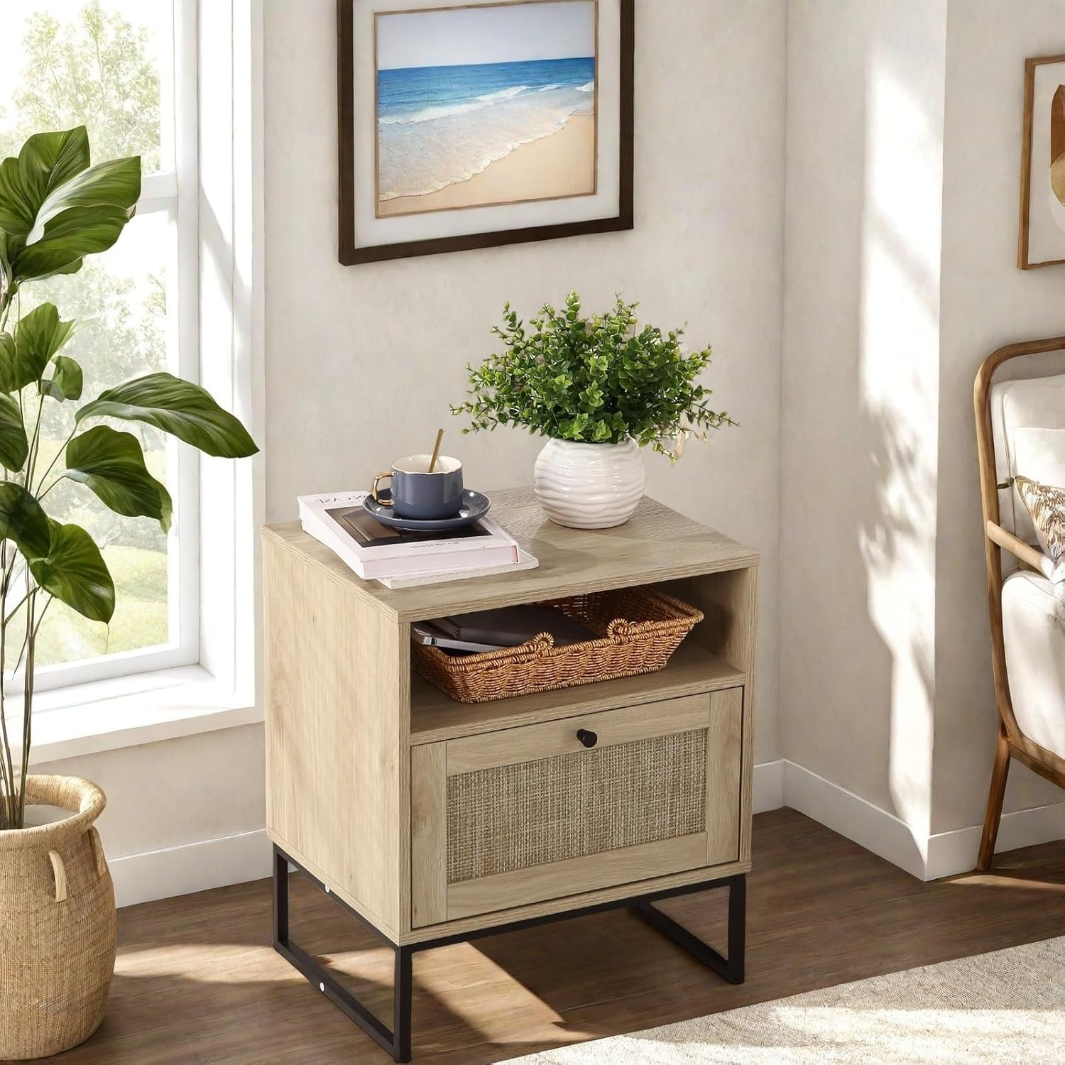 Rattan Nightstand, Boho Bedside Table with Storage Drawer & Metal Legs ...