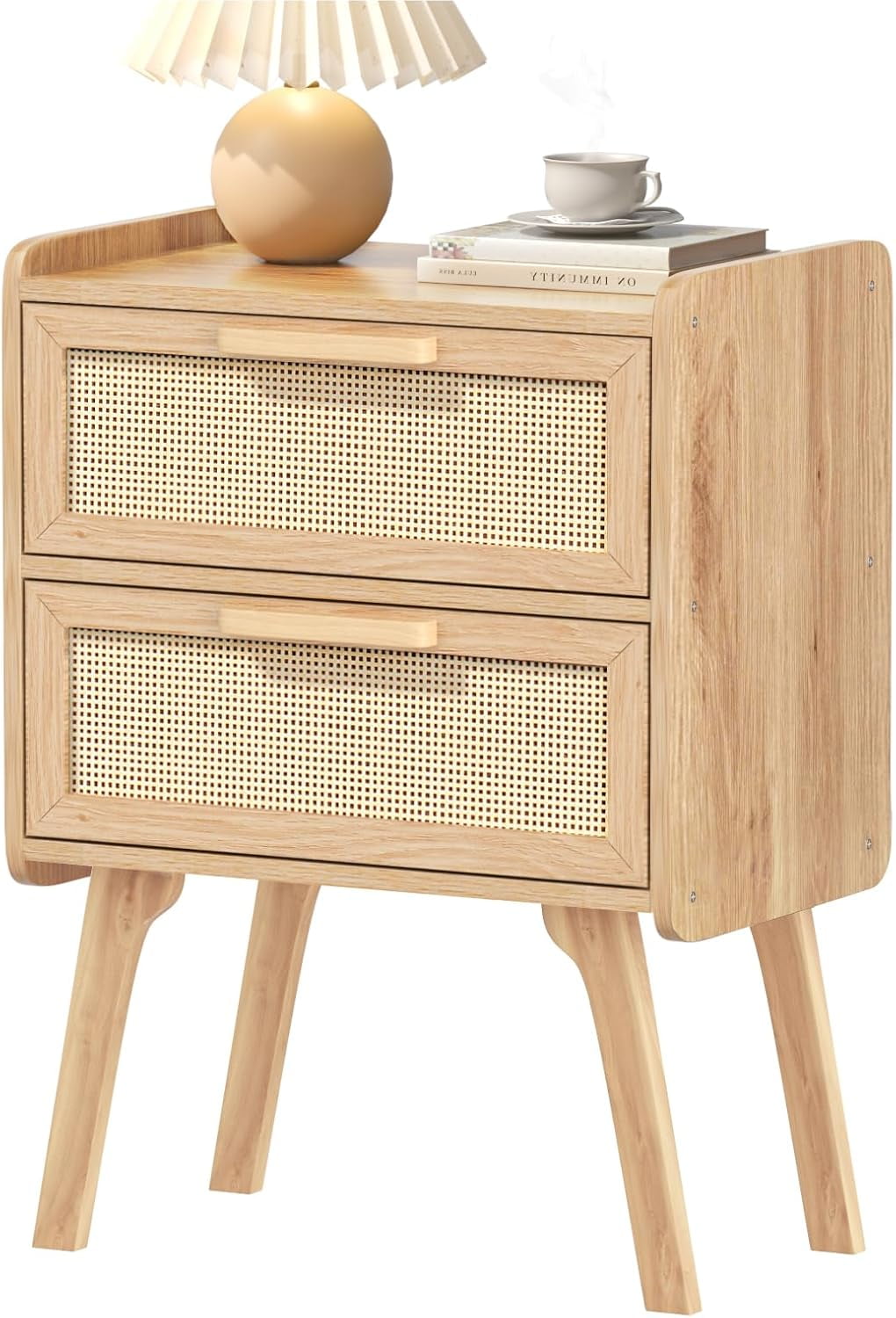 Rattan Nightstand, Boho Night Stand with 2 Drawers, Cane Accent Side ...