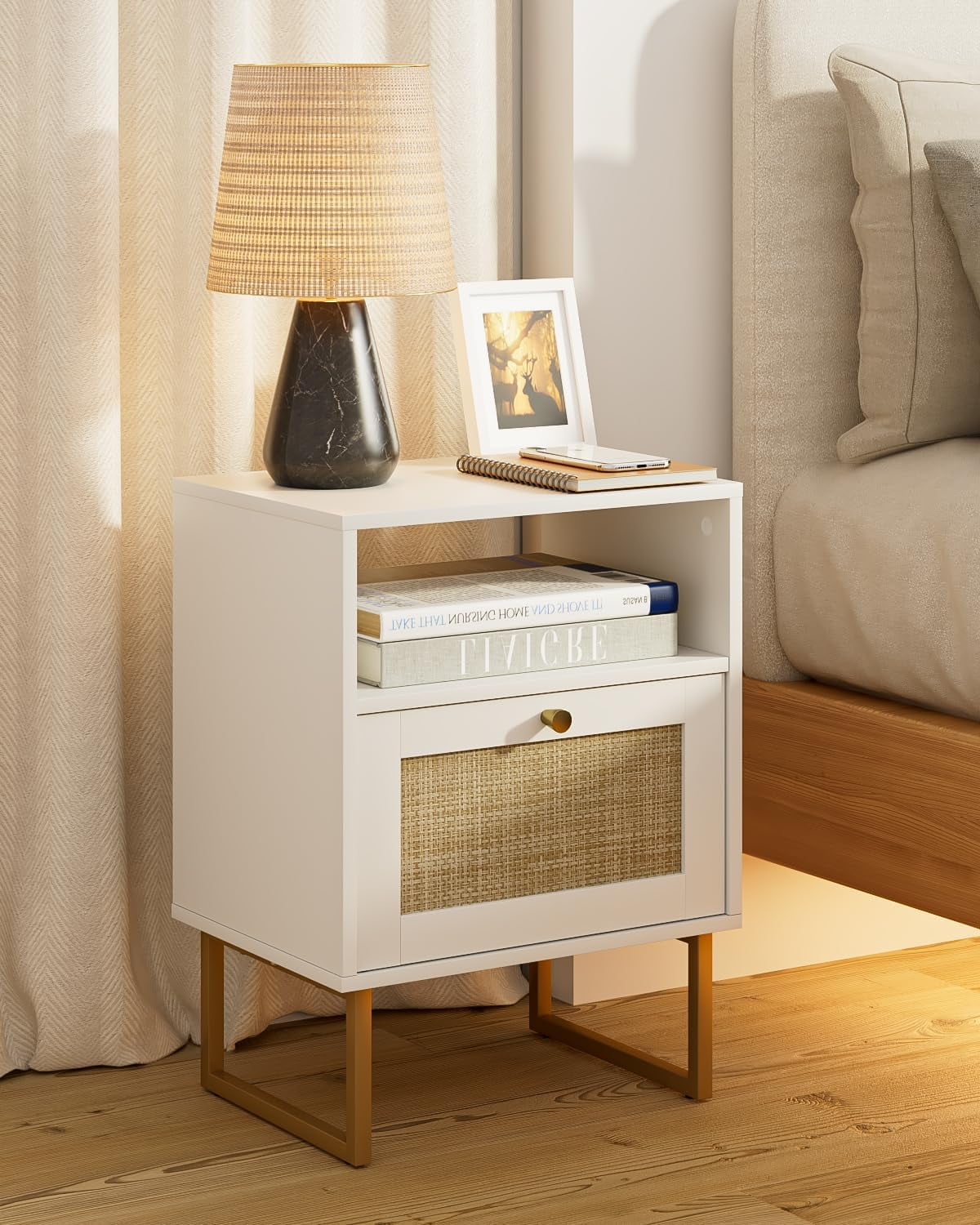 Rattan Nightstand, Boho Night Stand Wood Farmhouse Bedside Table with ...