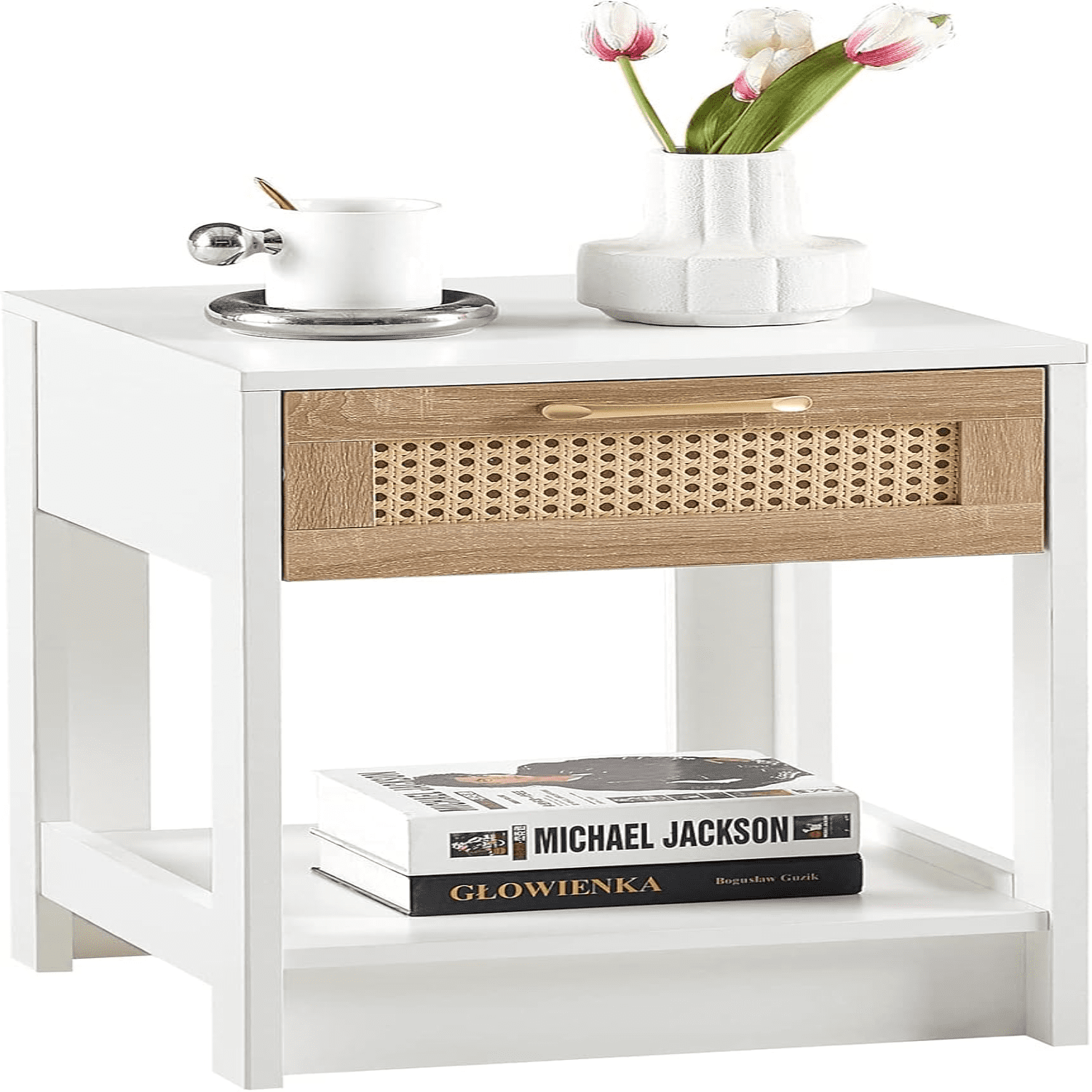 Rattan Nightstand Boho Side Table with Handmade Rattan Decorated Drawer ...