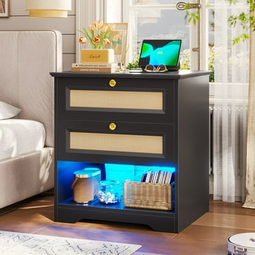 Yoobure Nightstand with Charging & LED Lights, Fabric Drawers, Storage ...