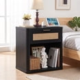 Rattan Nightstand with Charging Station, Black Night Stand with Drawer ...