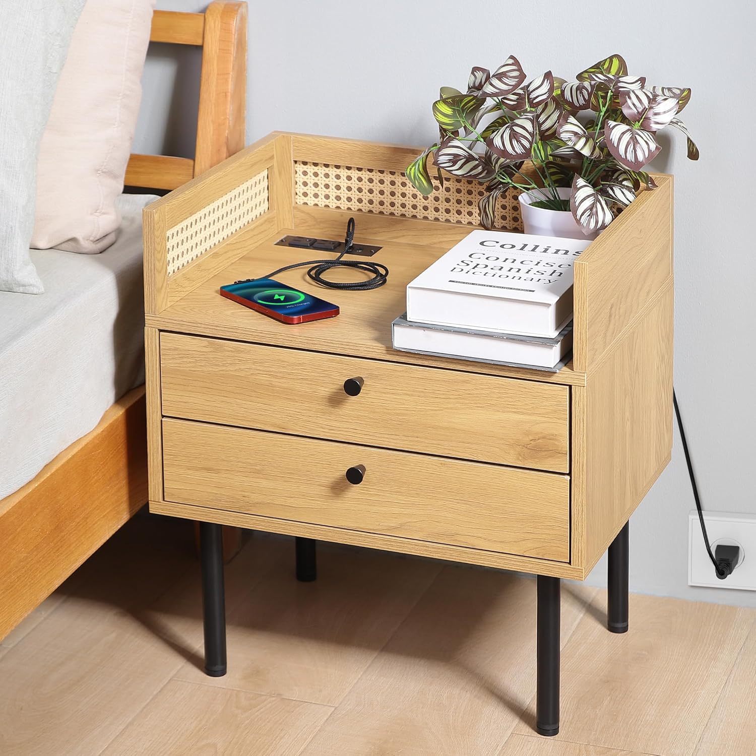 Rattan Nightstand with Charging Station, Boho Bedside Tables with Solid ...