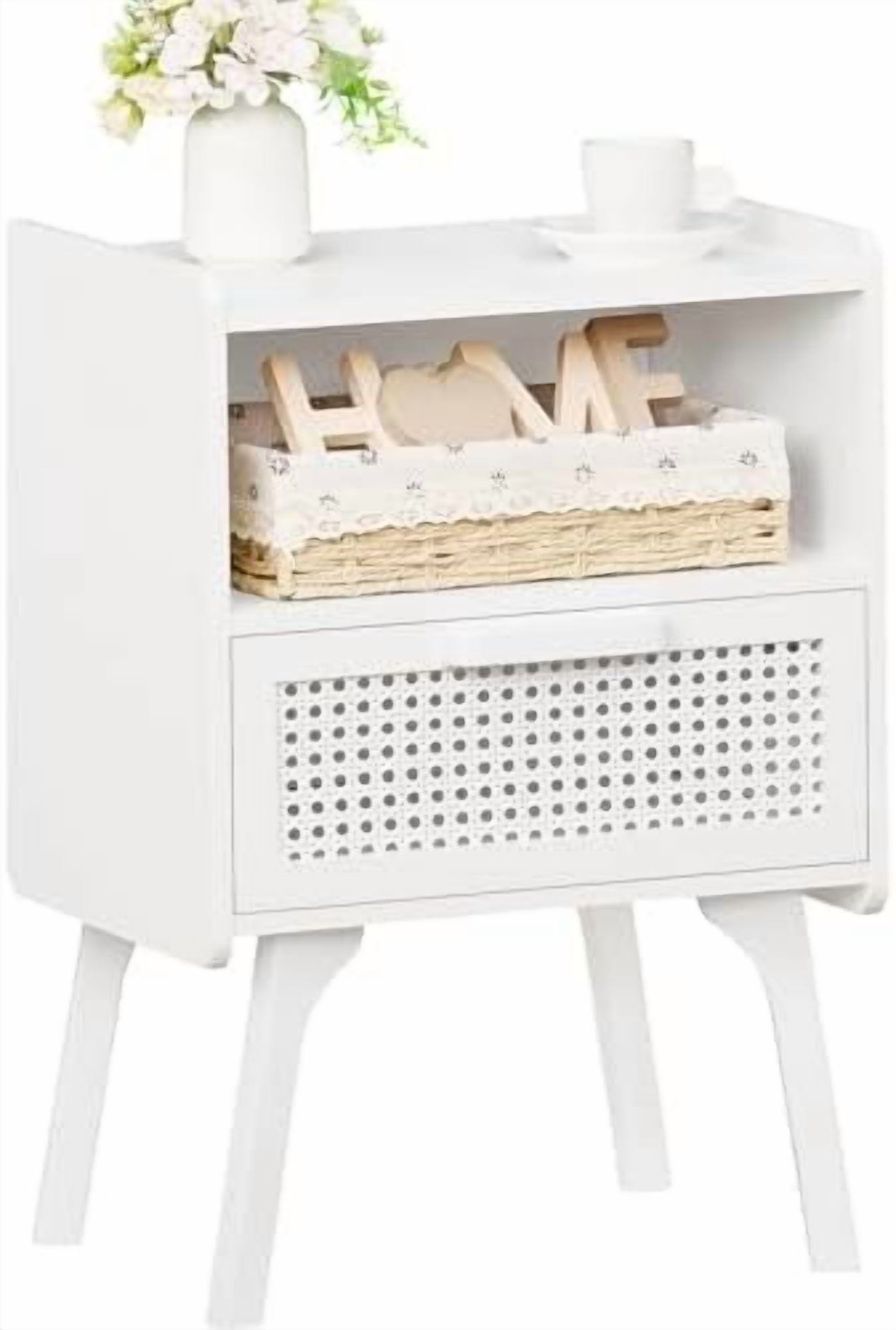 Rattan Nightstand with Charging Station, Boho Night Stand with Handmade ...