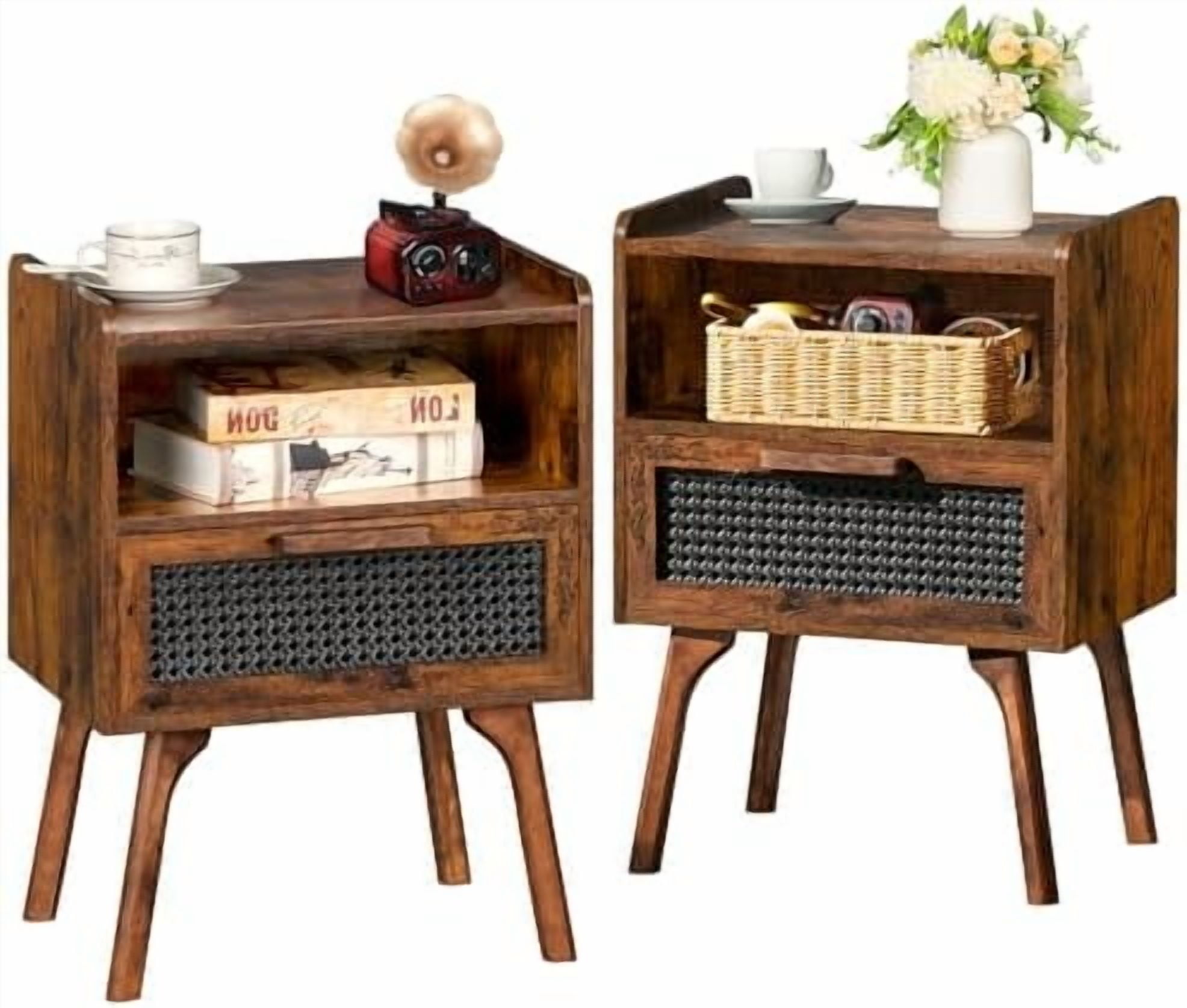 Rattan Nightstand with Charging Station, Boho Night Stand with Handmade ...