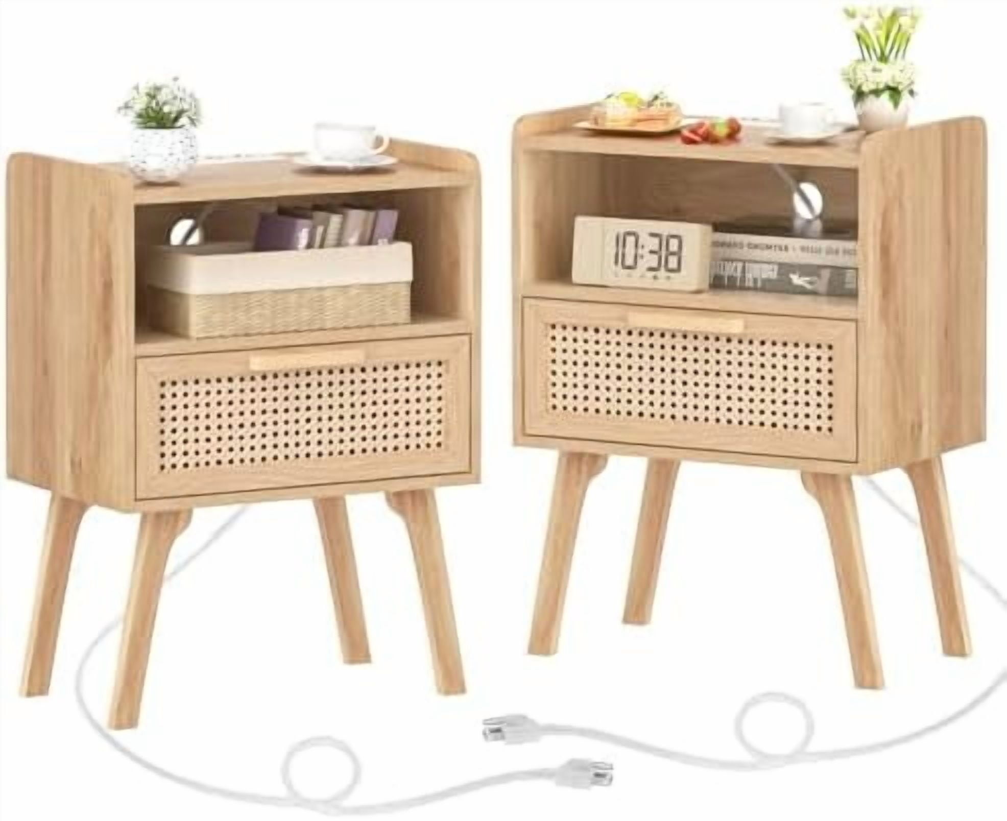 Rattan Nightstand with Charging Station, Boho Night Stand with Handmade ...