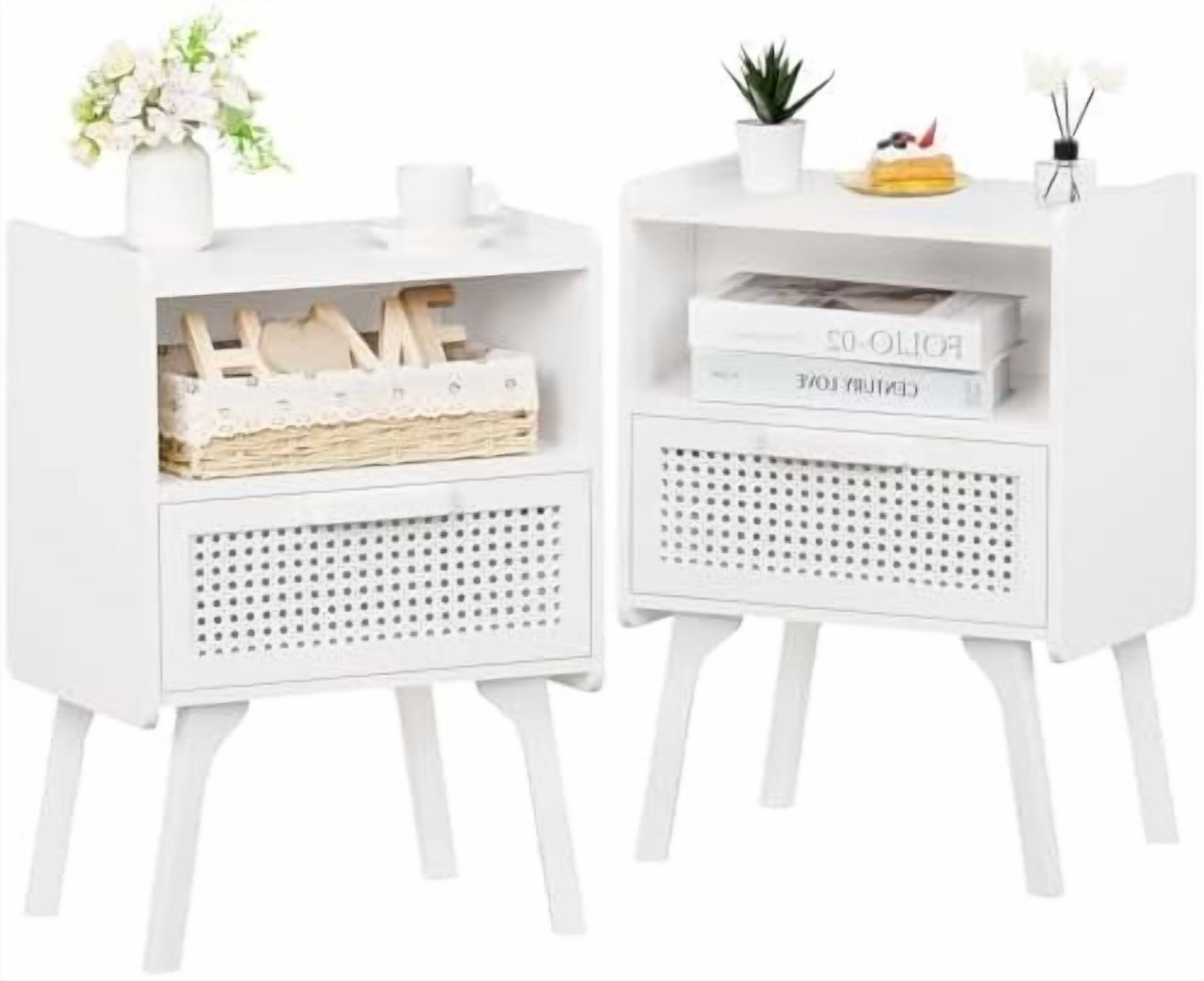 Rattan Nightstand with Charging Station, Boho Night Stand with Handmade ...