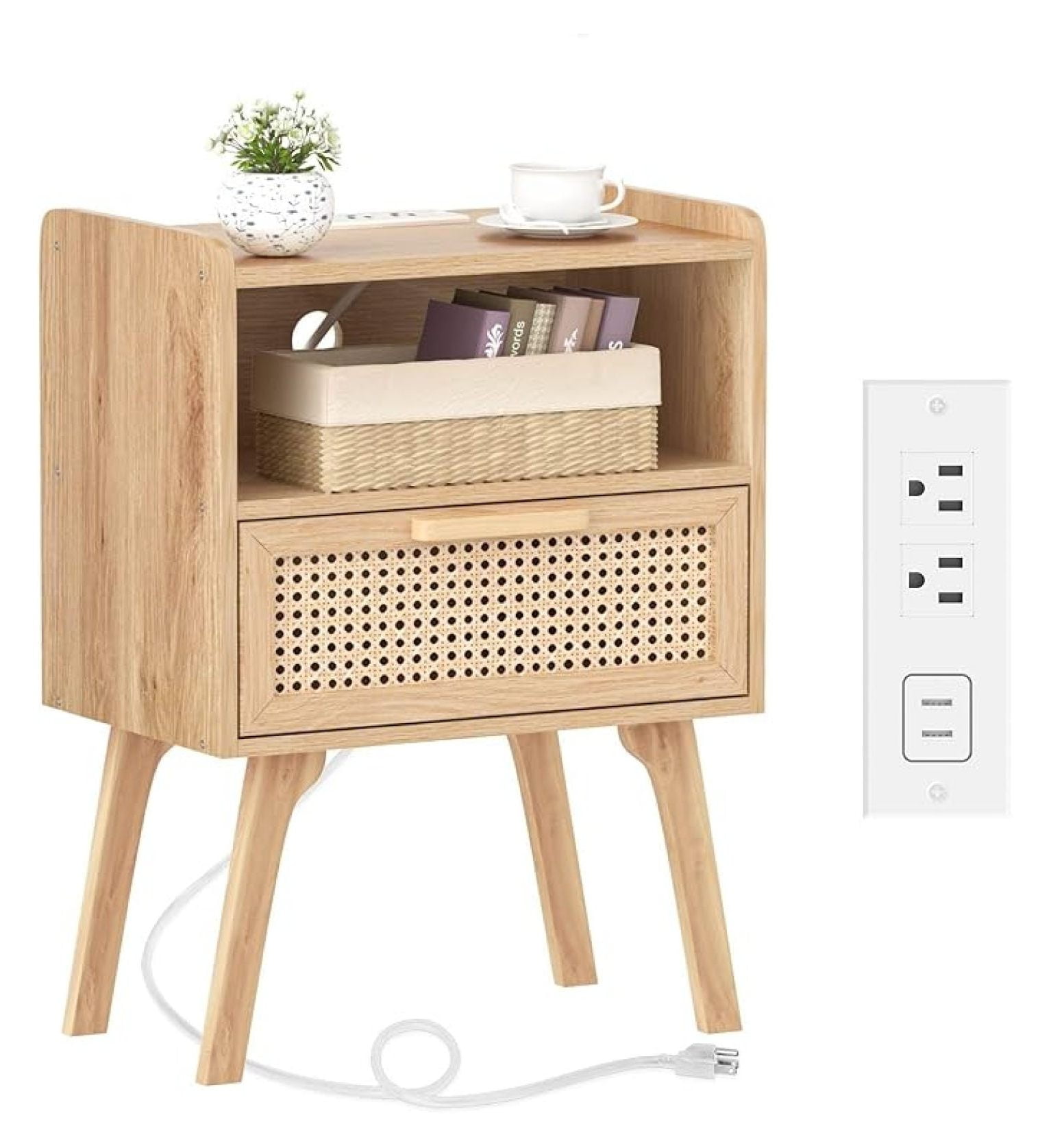 Rattan Nightstand with Charging Station, Boho Night Stand with Handmade ...
